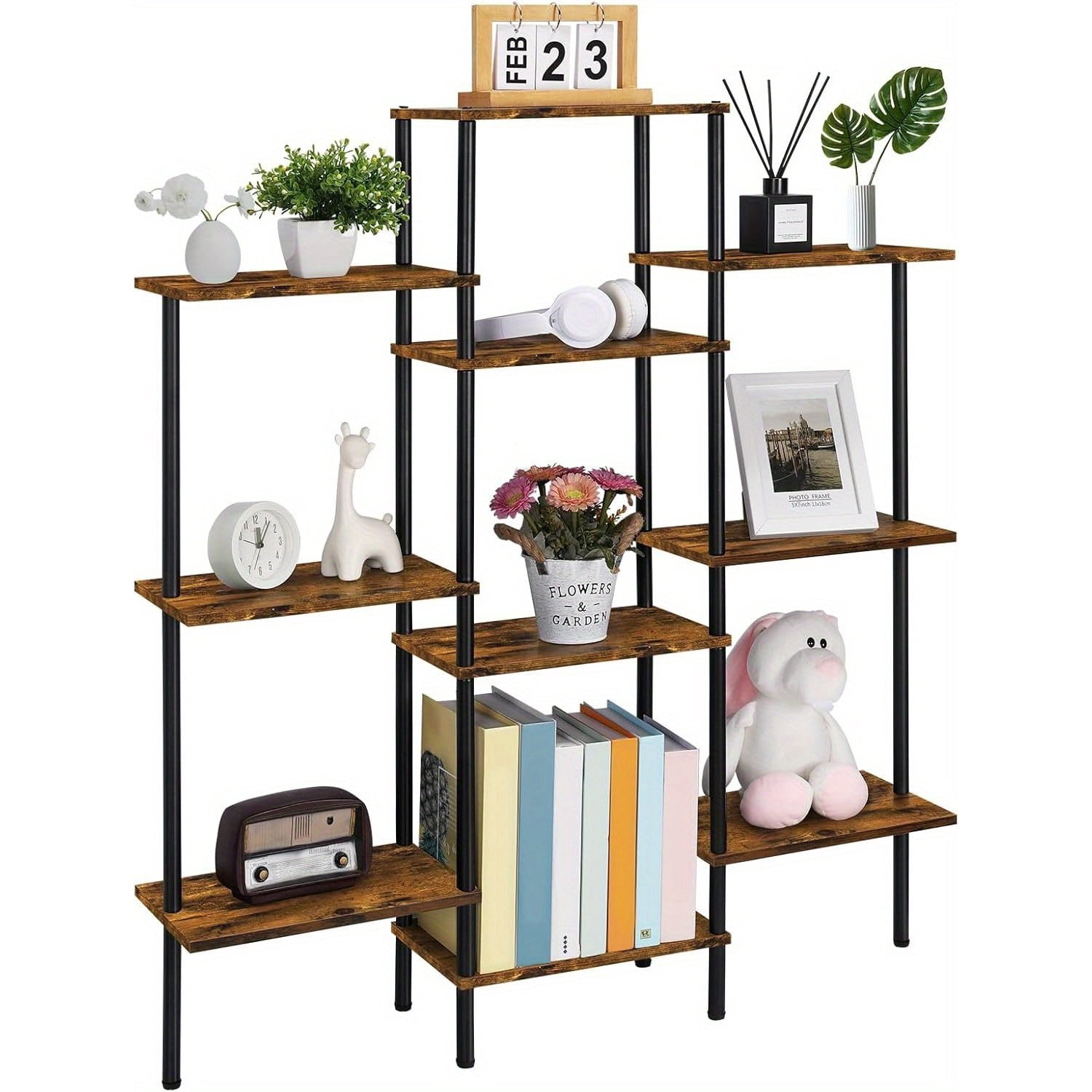 Rustic Brown 4-Tier Triple Wide Bookshelf - 10 Open Shelves for Books ...