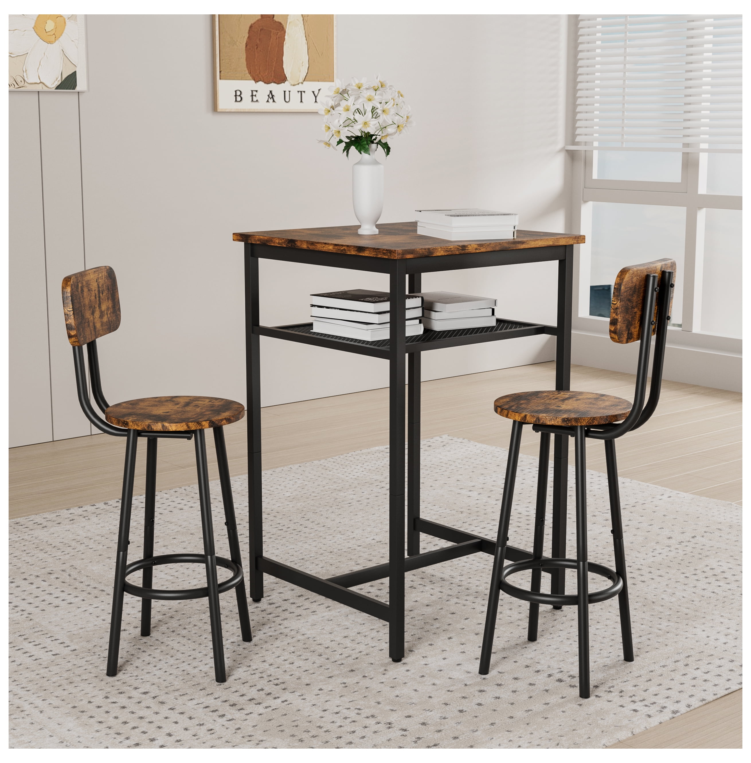 Rustic Brown Bar Table Set - 3 Piece Counter Height Table & 2 Stools ...