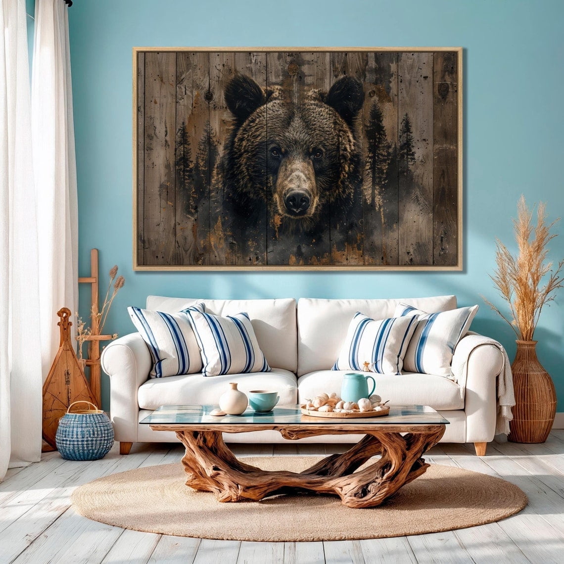 Rustic Brown Bear Wall Art Abstract Pine Trees Wooden Background Poster ...
