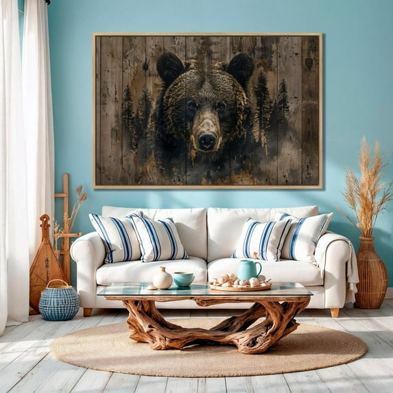 Rustic Brown Bear Wall Art Abstract Pine Trees Wooden Background Poster ...