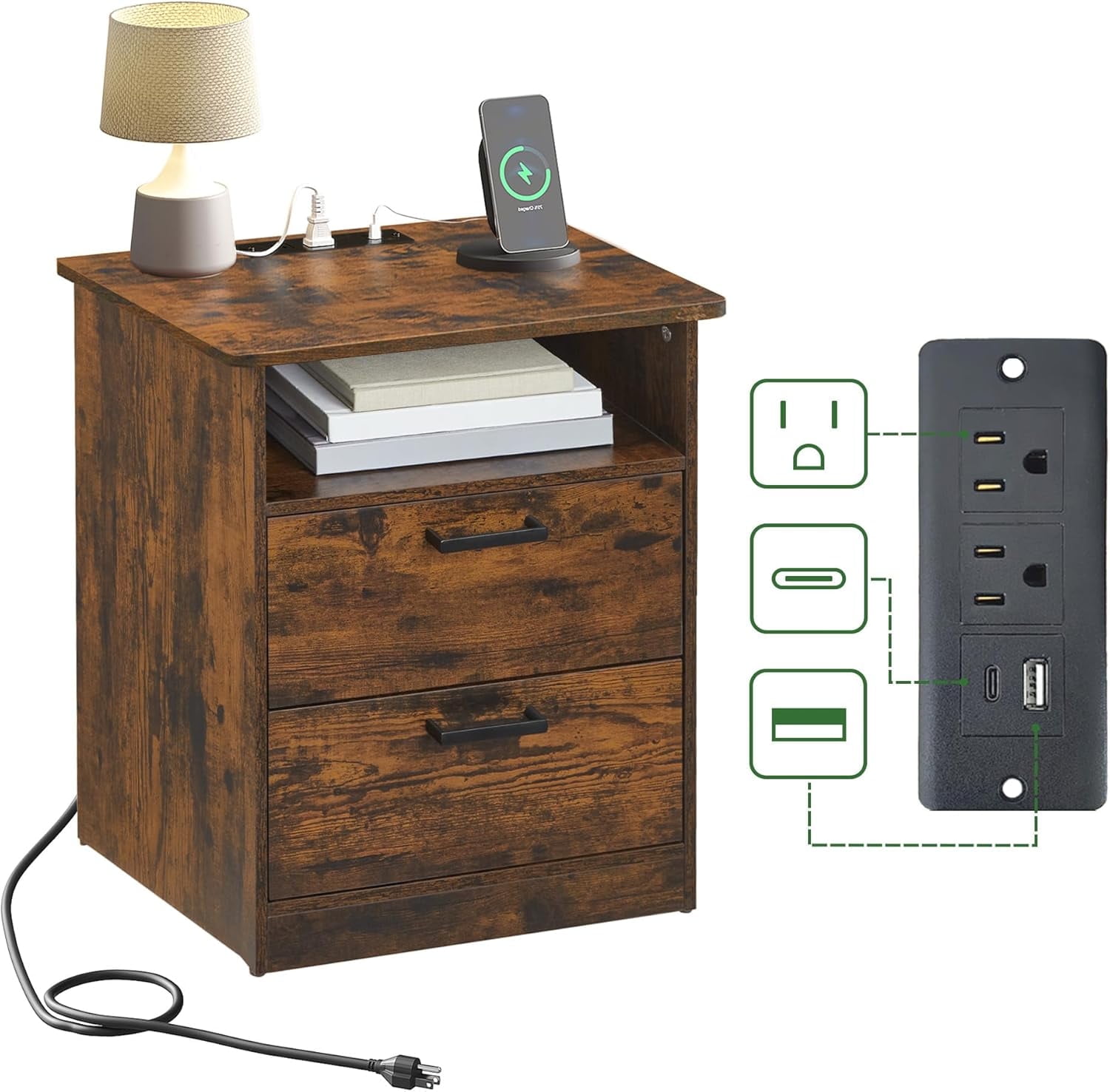 Rustic Brown Bedside Table with USB-C Fast Charging Station & 2 Drawers ...