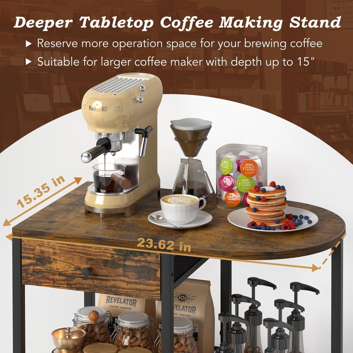 Rustic Brown Coffee Station with Wheels and Storage Drawer, 15.35 ...