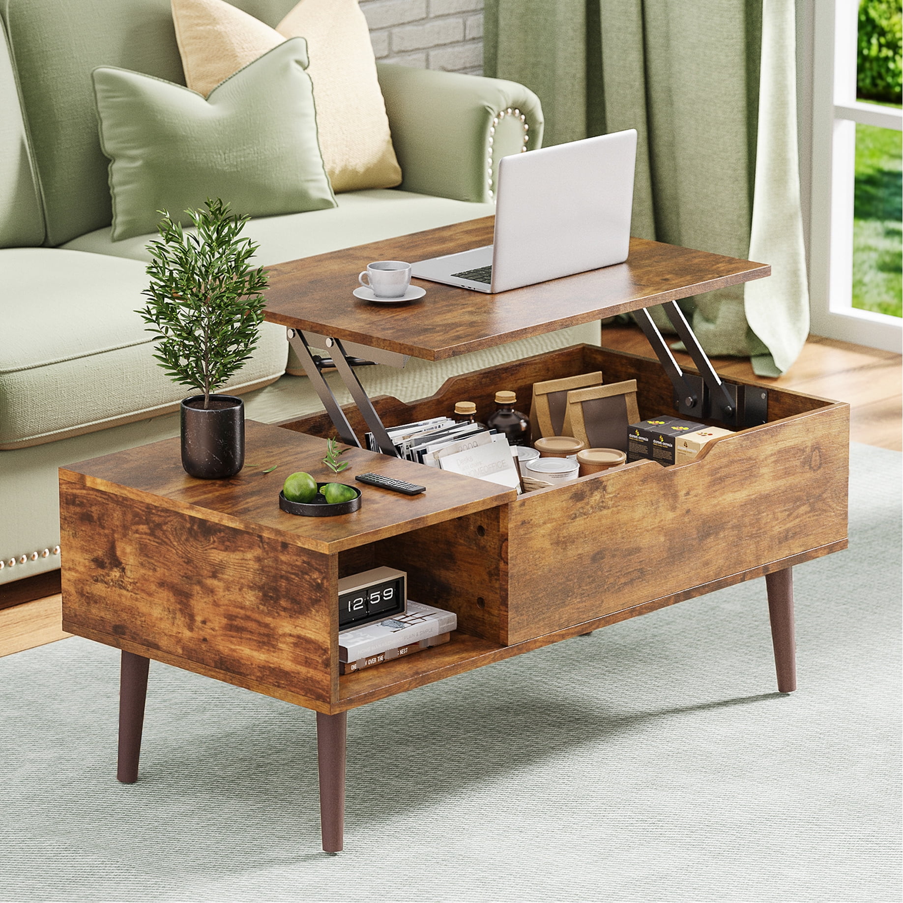 Rustic Brown Coffee Table With Hidden Storage And Lift Top Feature For ...