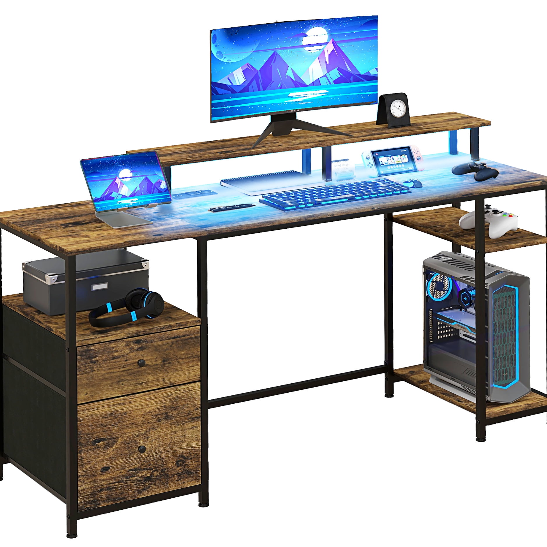 Rustic Brown Computer Desk With Led Lights & Practical Design - Brown ...