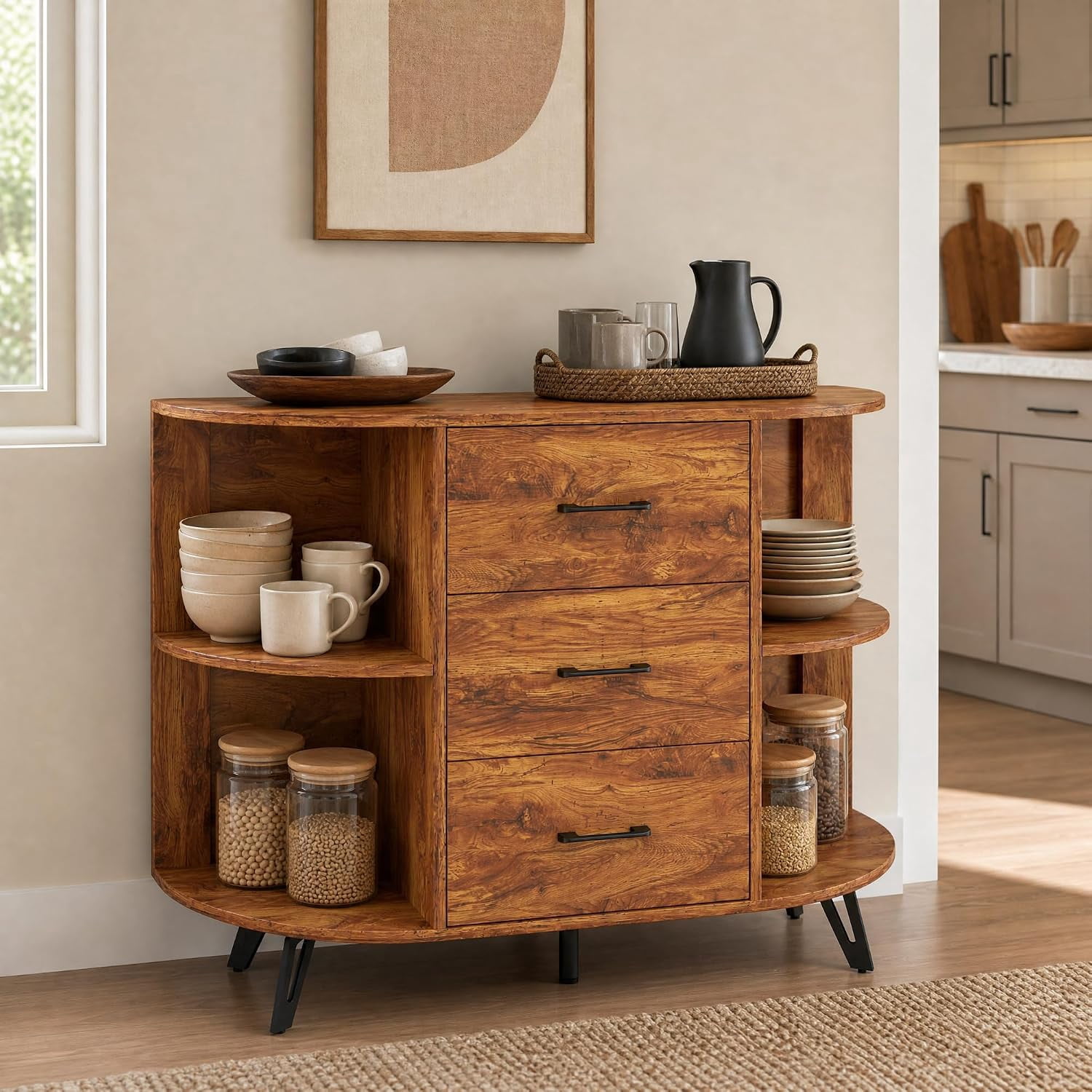 Rustic Brown Curved Sideboard Buffet Cabinet, Engineered Wood Storage ...
