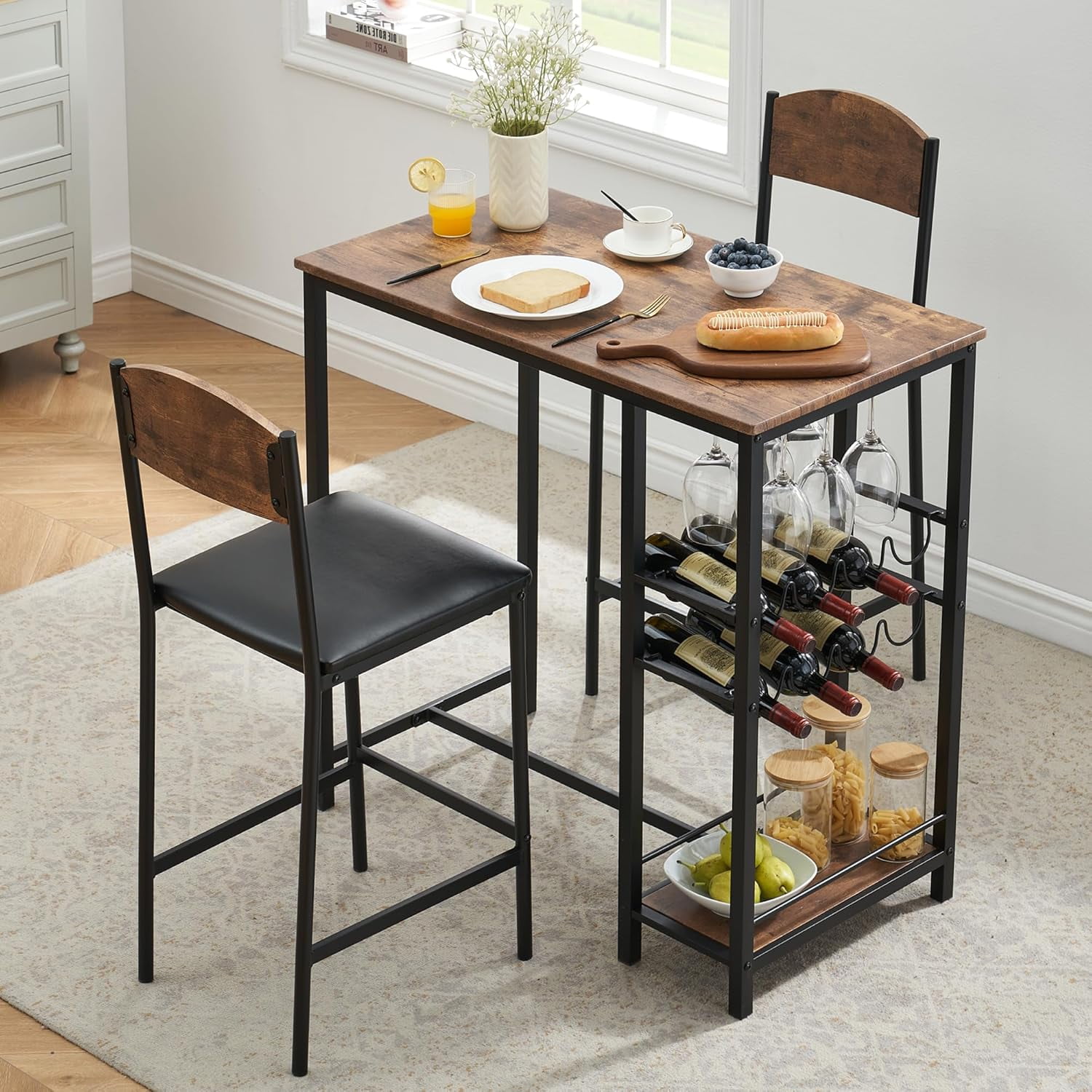 Rustic Brown Dining Table Set for 2 with Storage Shelf & Wine Rack, Bar ...