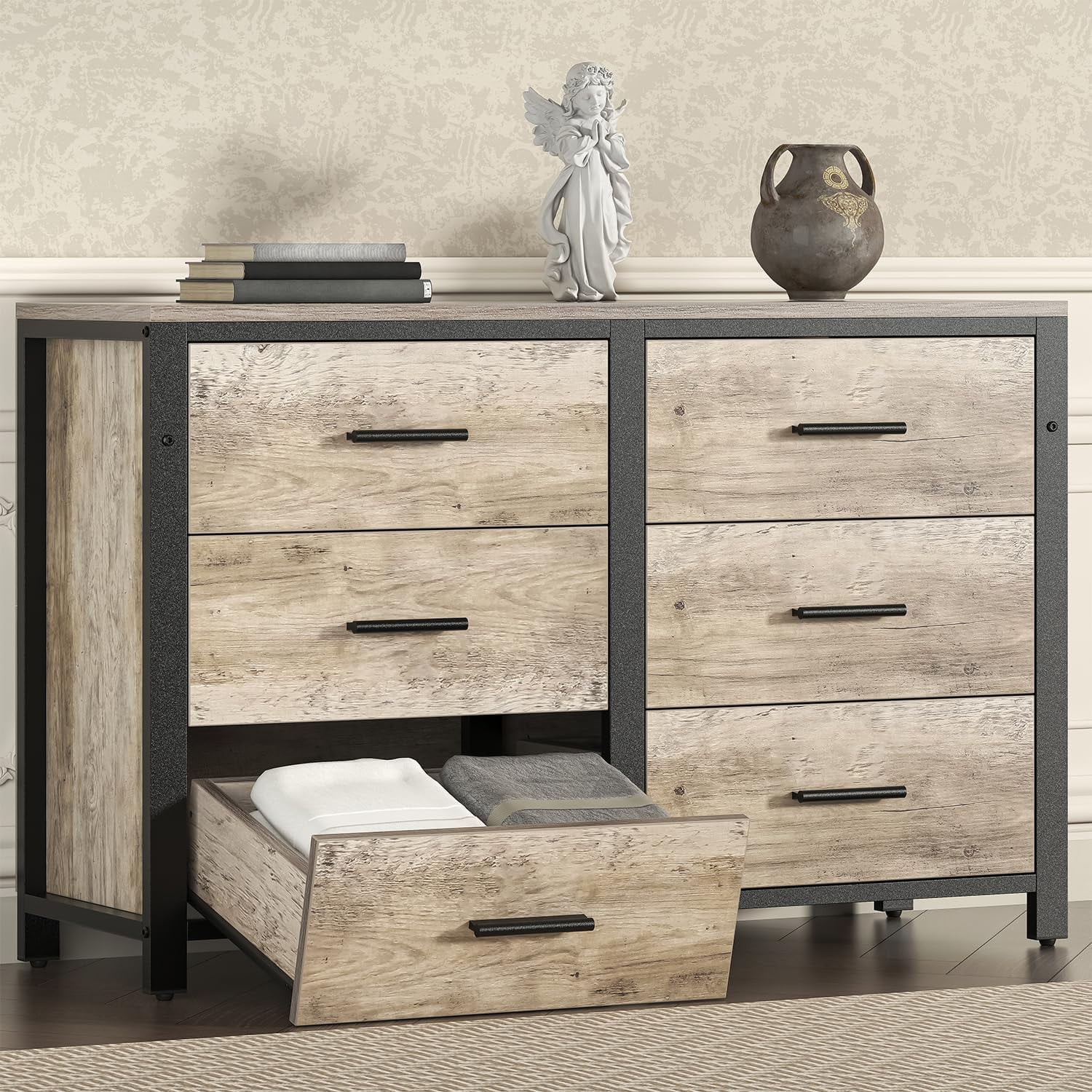 Rustic Brown Dresser for Bedroom, 6 Wooden Drawer Dresser with Metal ...