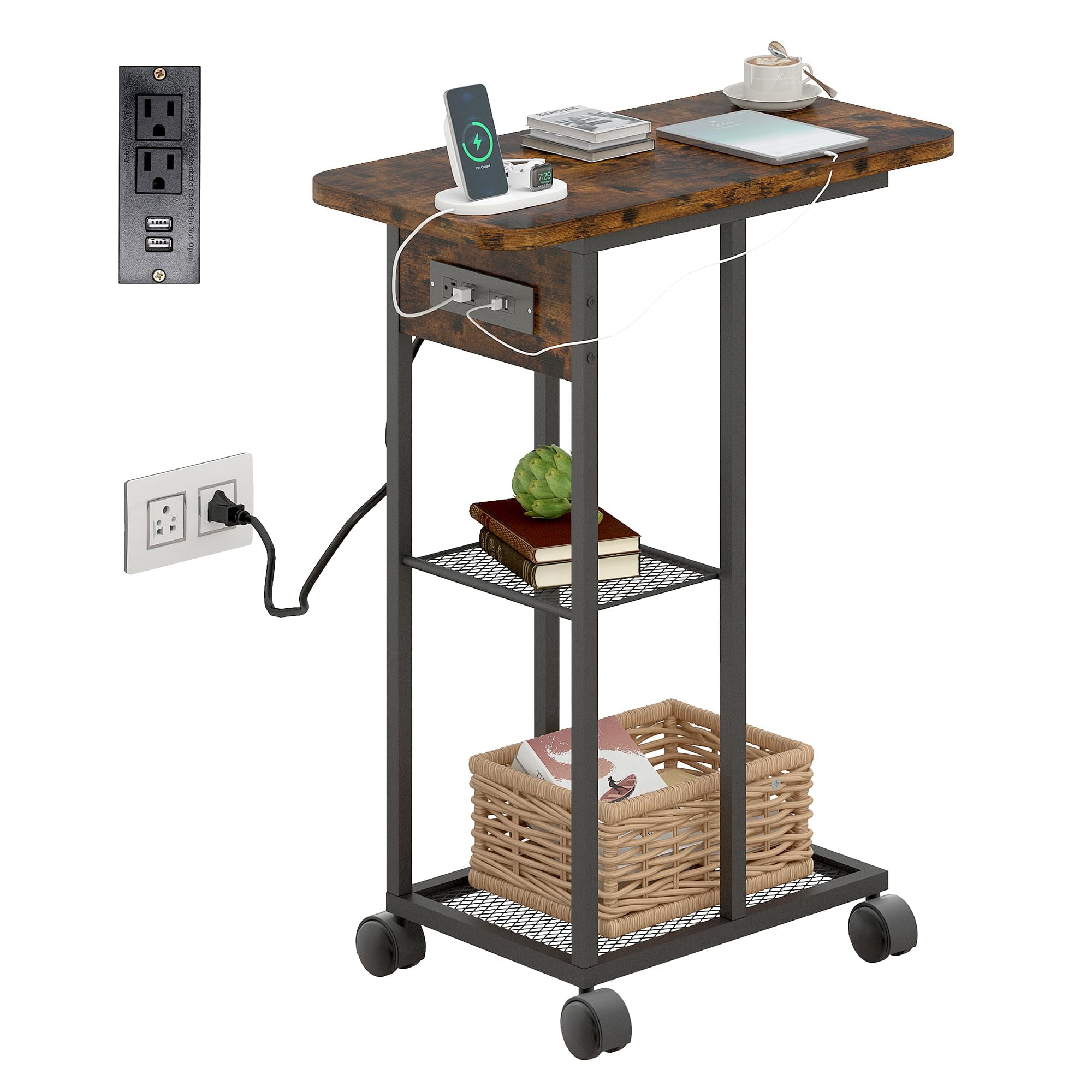 Rustic Brown End Table with Charging Station - Sofa Couch Table with ...