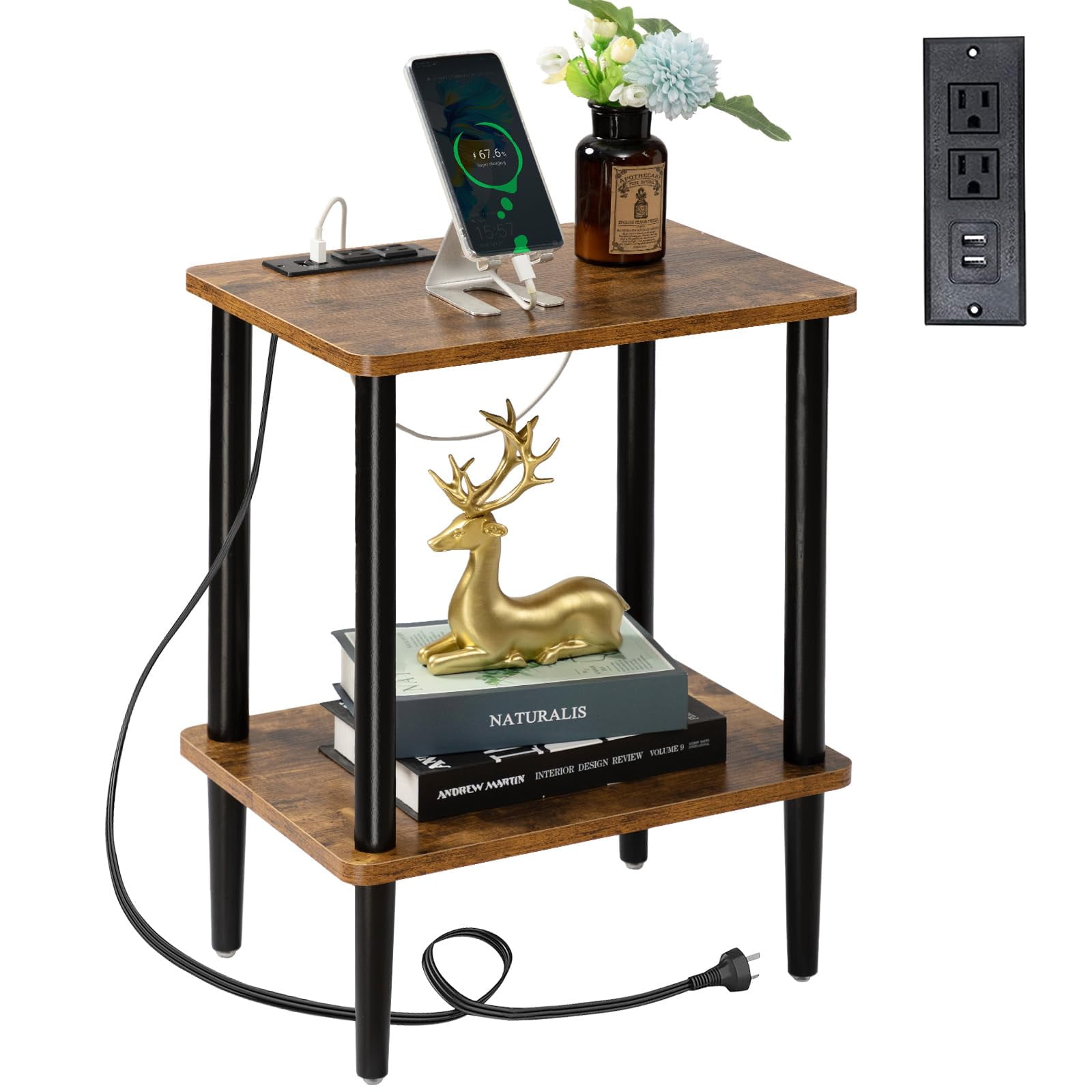 Rustic Brown End Tables with USB Ports and Outlets, Small Side Table ...
