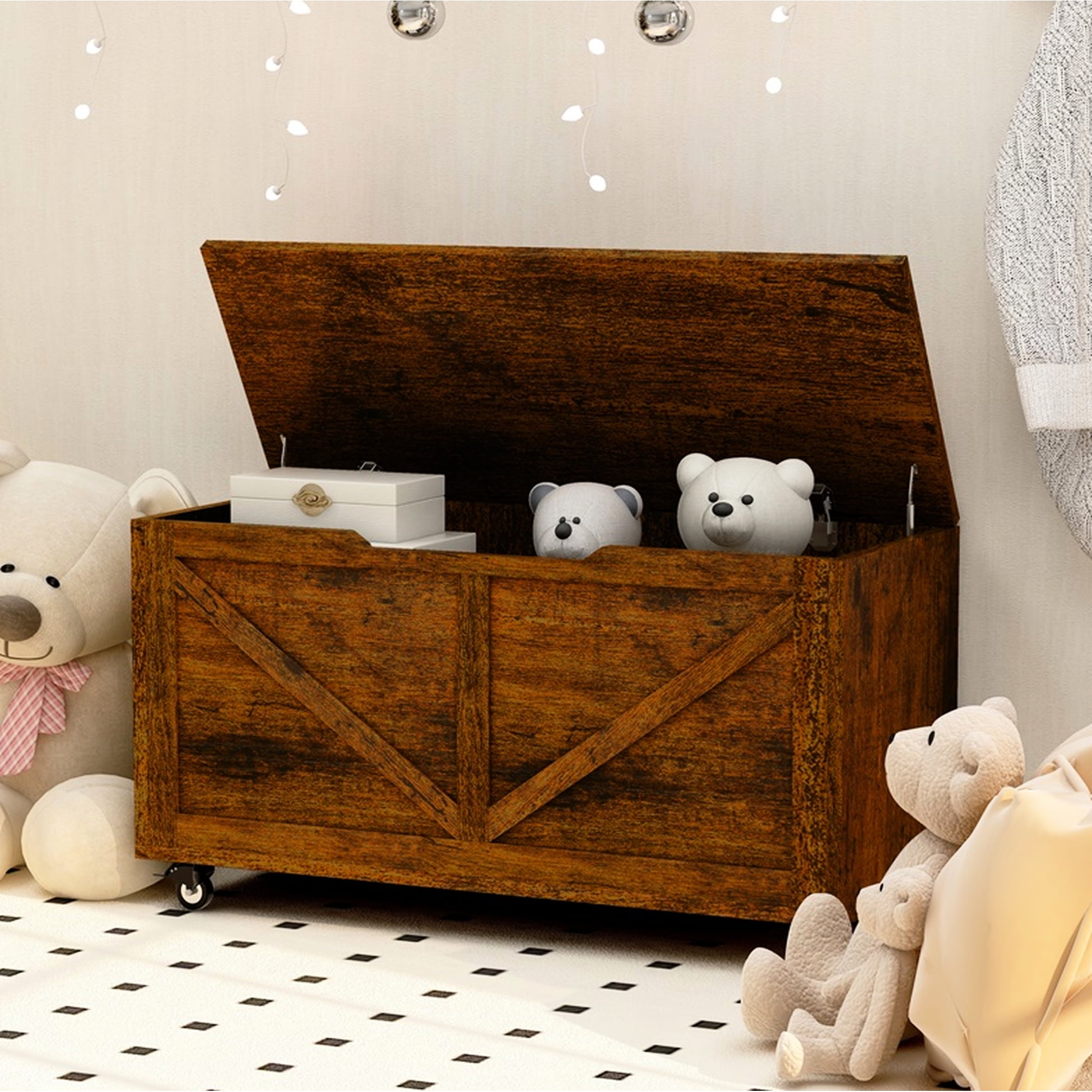 Rustic Brown Entryway Storage Bench - 300 Lb Load Capacity, Wheels With ...