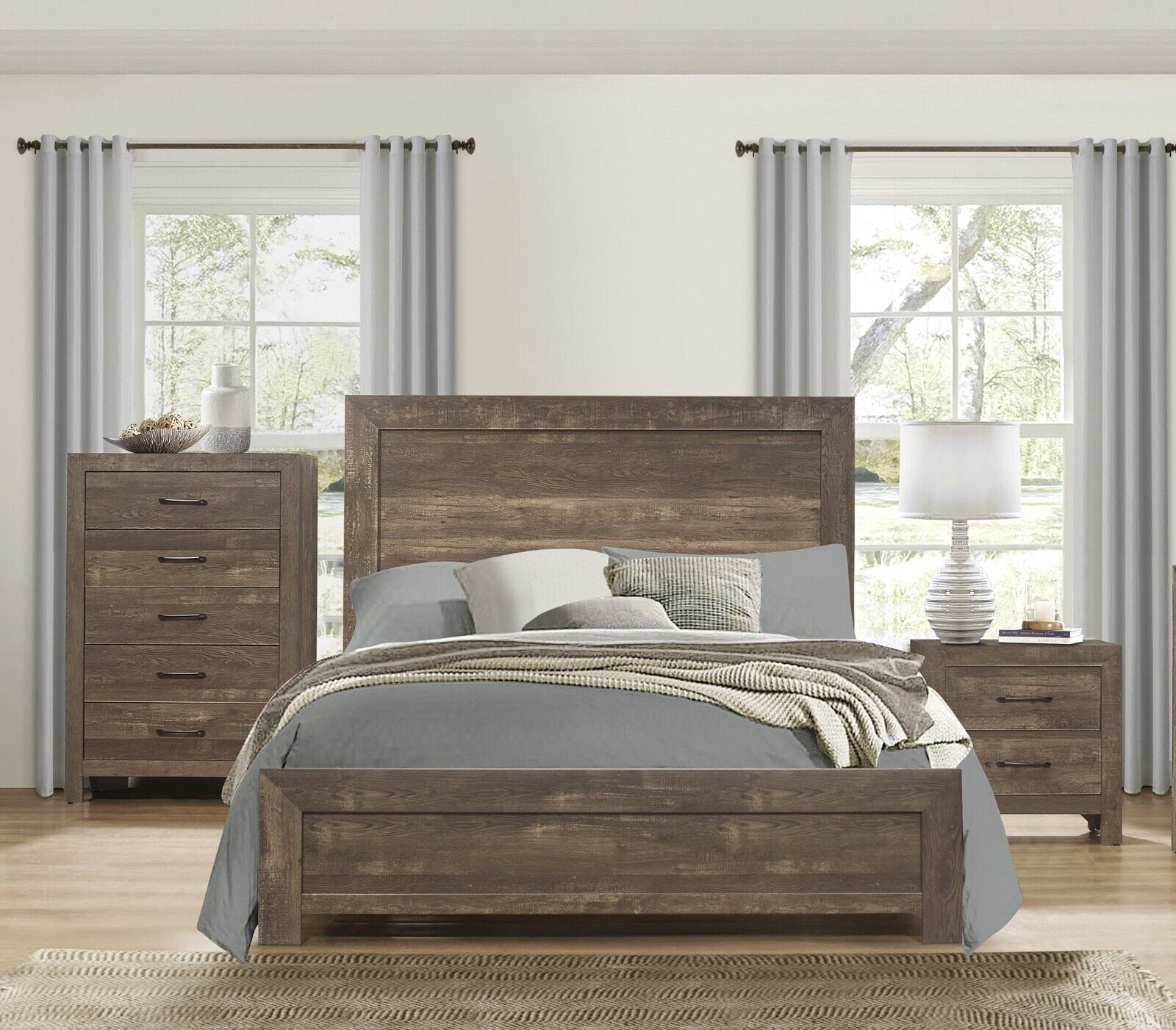 Rustic Brown Finish 3pc Bedroom Set Eastern King Bed Chest Nighstand ...