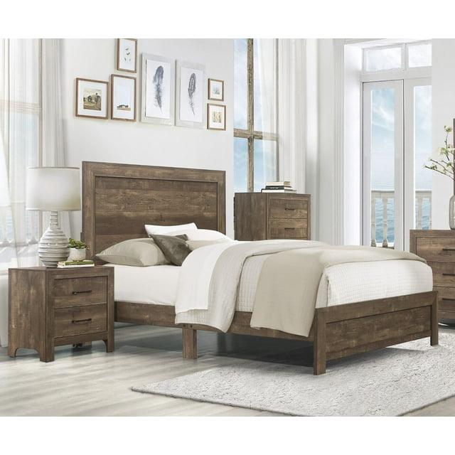 Rustic Brown Finish 3pc Bedroom Set Full Size Bed 2x Nightstands Simple ...