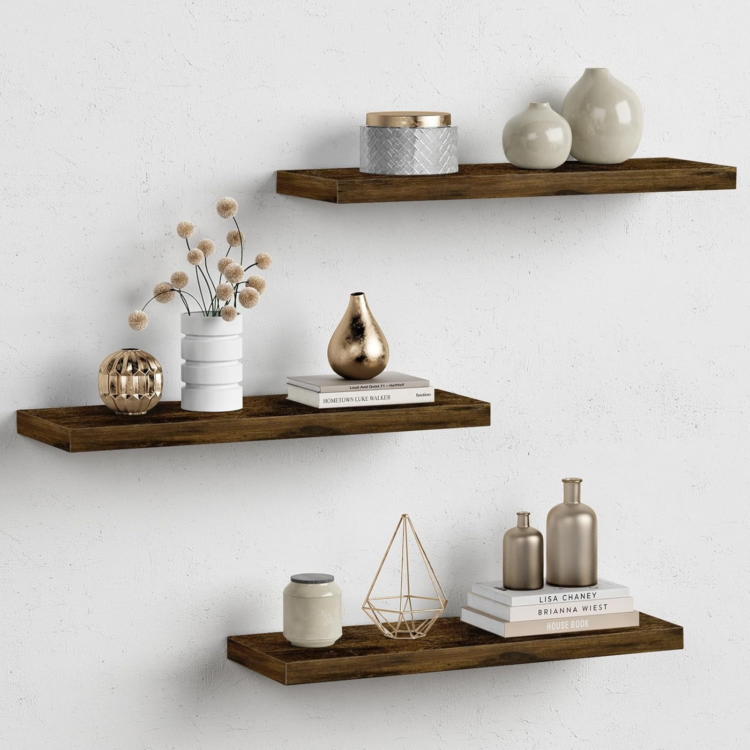 Rustic Brown Floating Shelves Set of 3, 24 Inches Long for Bedroom ...