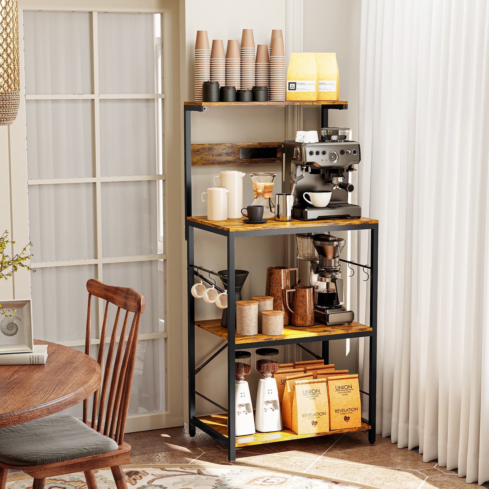 Rustic Brown Kitchen Bakers Rack with Power Outlets - 4 Tier Storage ...