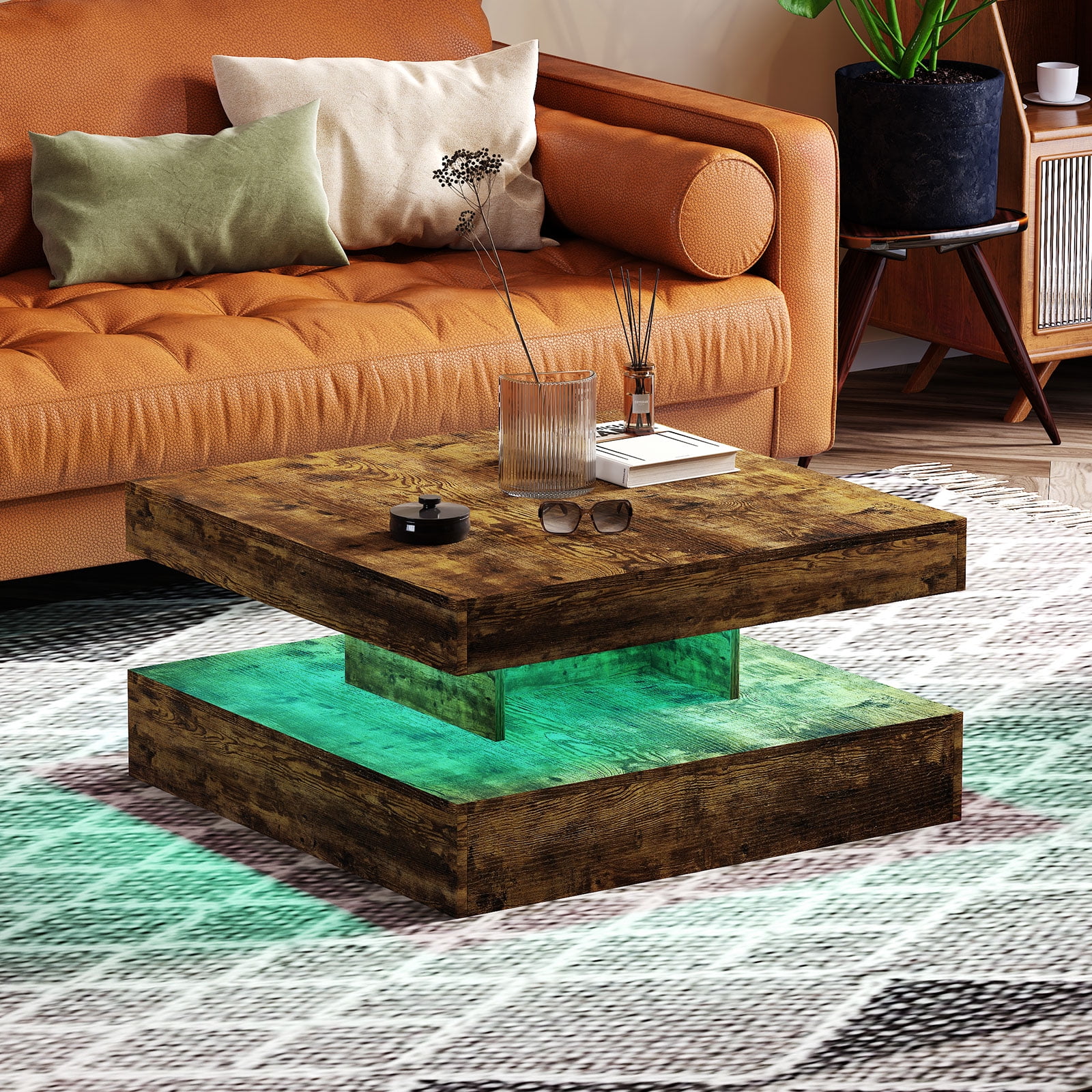 Rustic Brown LED Square Coffee Table with Lights for Living Room Modern ...