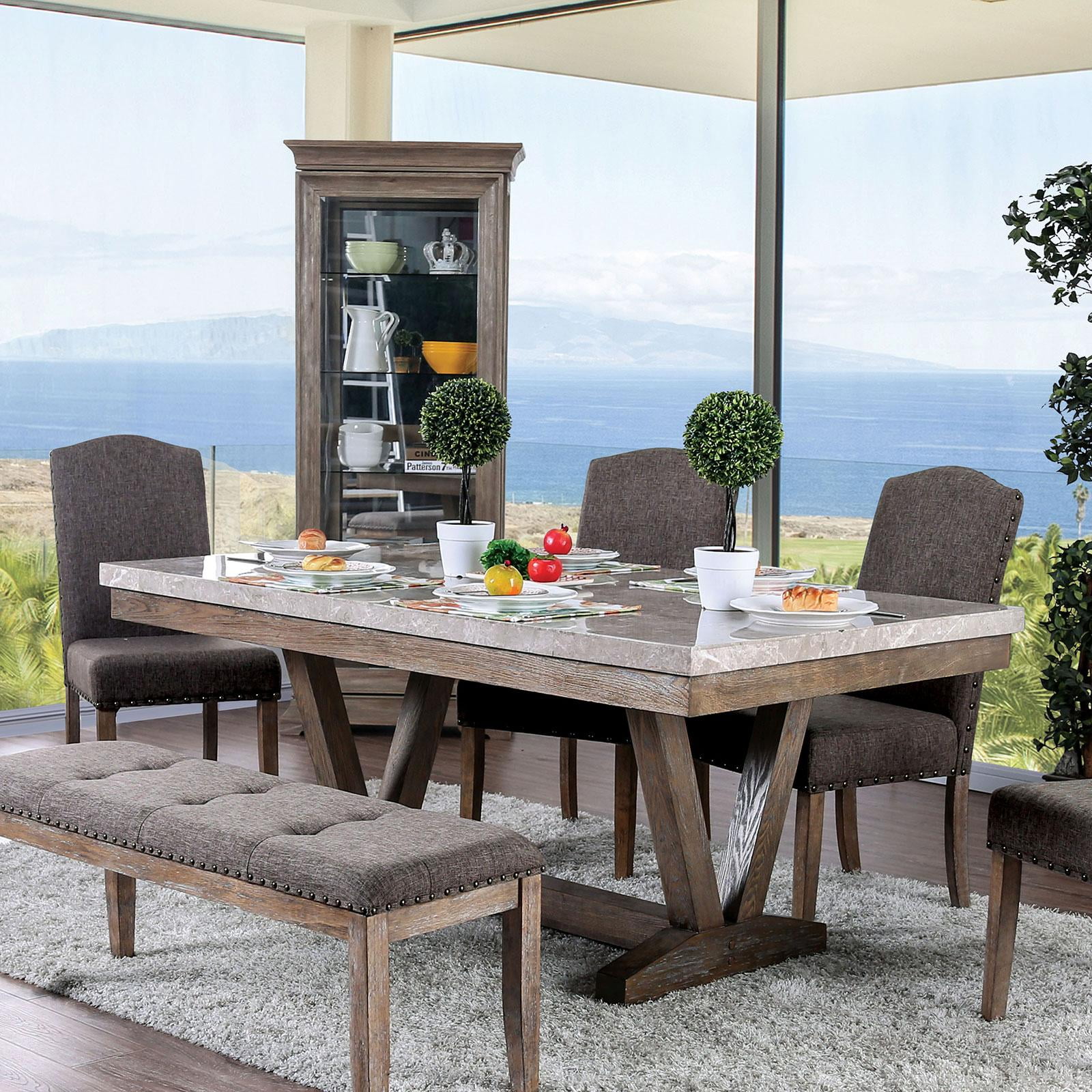 Rustic Brown & Natural Solid Wood Dining Room Set 6pcs FOA Bridgen ...