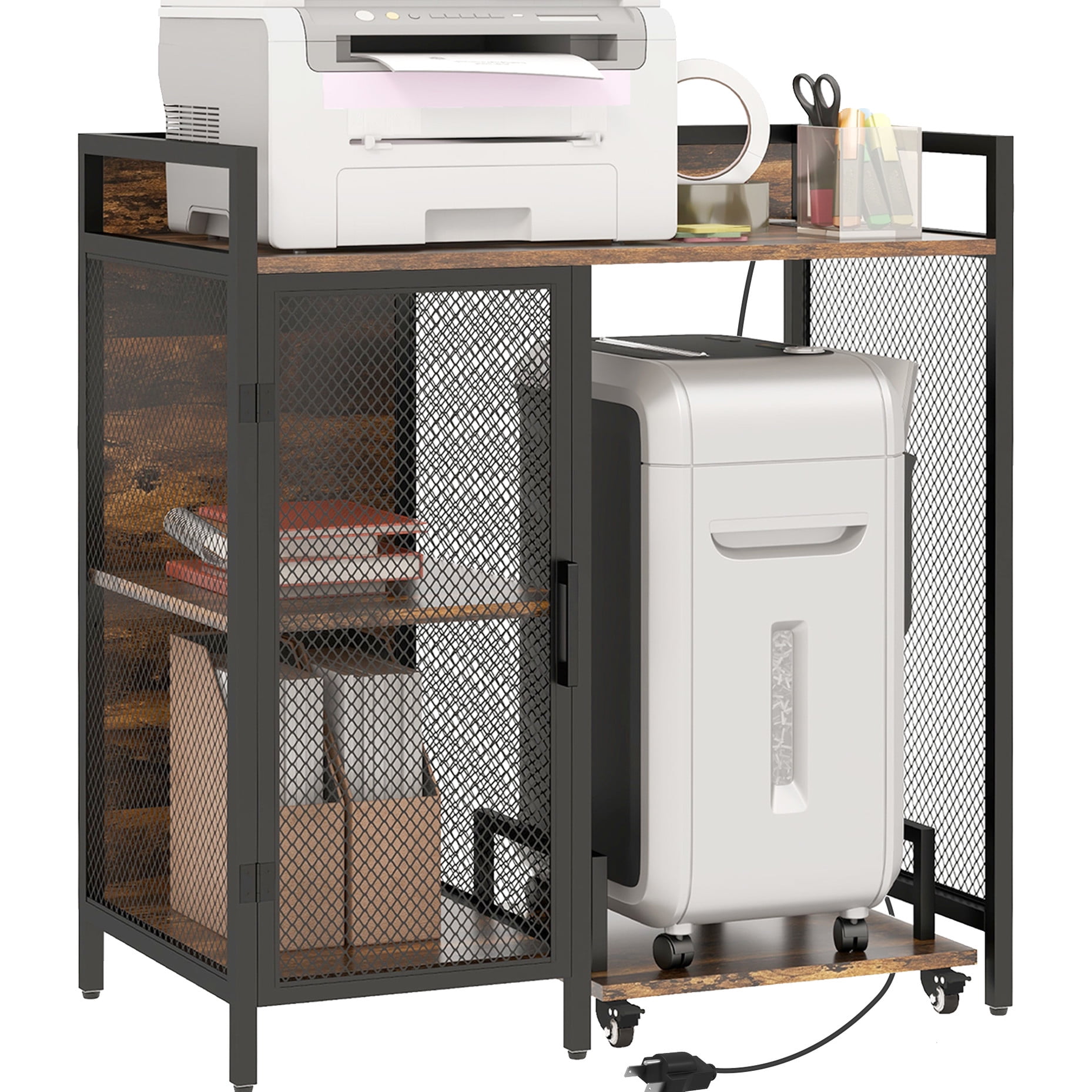 Rustic Brown Printer Table With Ports. 3-level Adjustable Shelf, Movable Stand Handles, Home ...