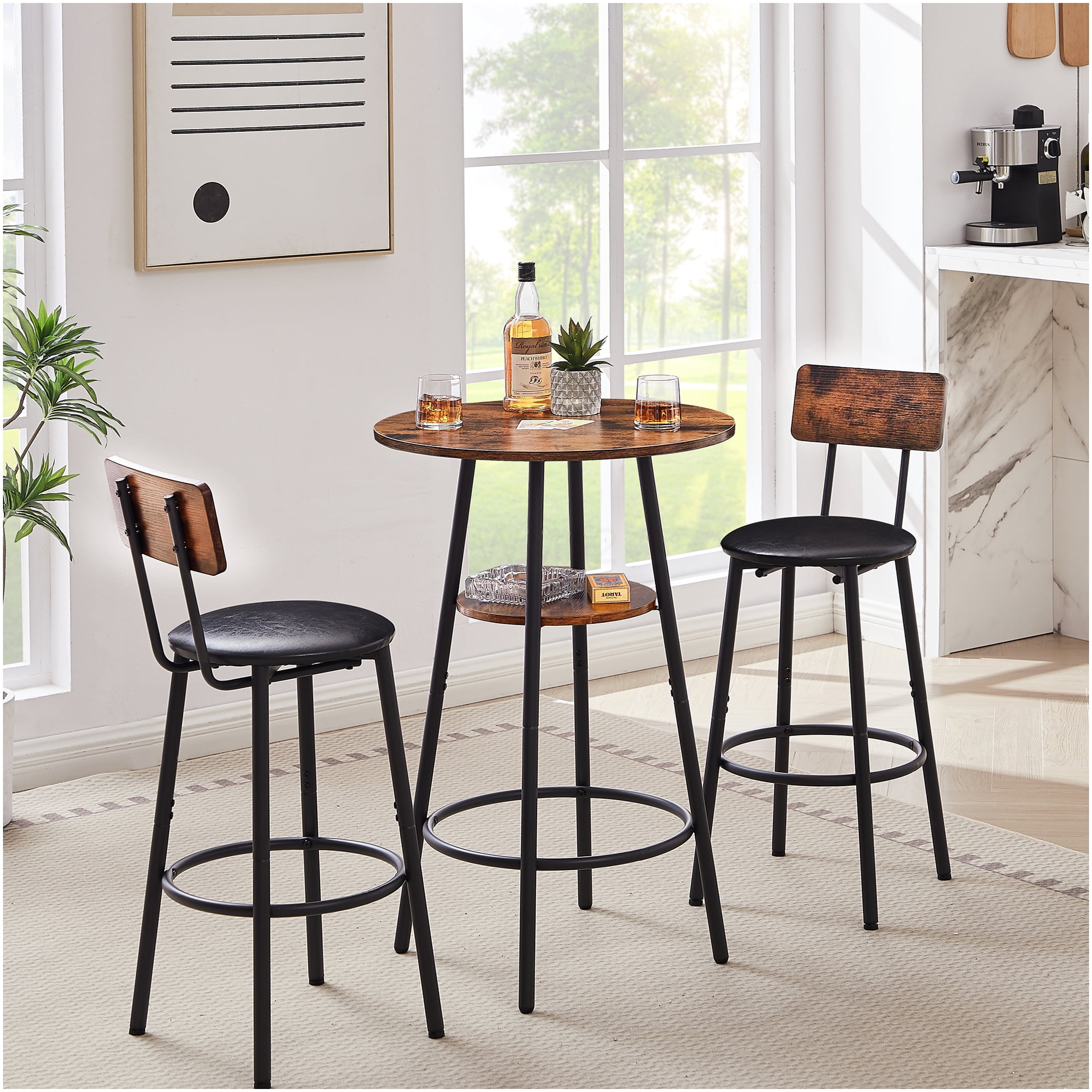 Rustic Brown Round Bar Table Set with 2 Upholstered Stools, Backrest ...