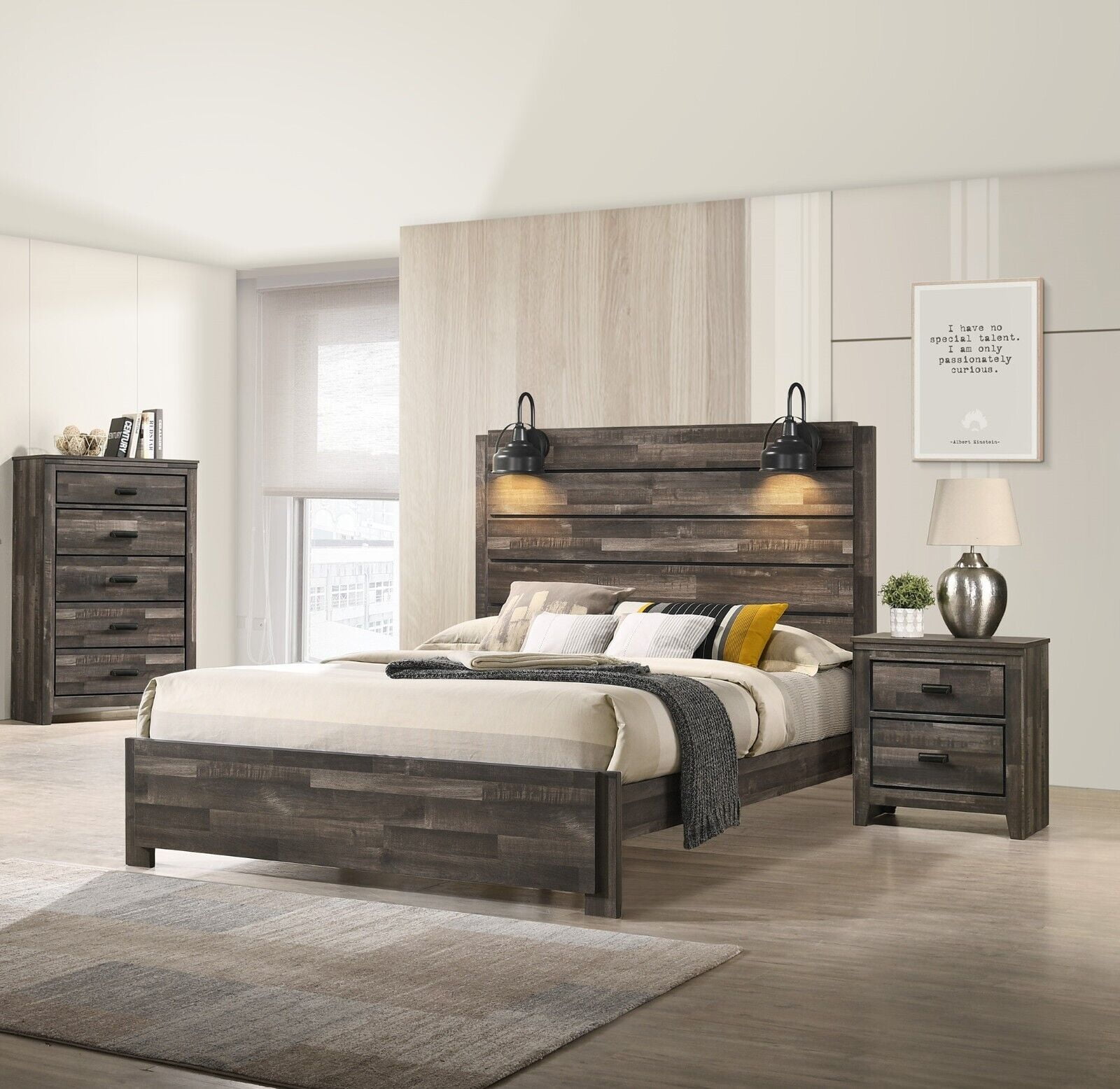 Rustic Brown Style 3pc King Platform Bed Chest Nightstand Set Built-In ...