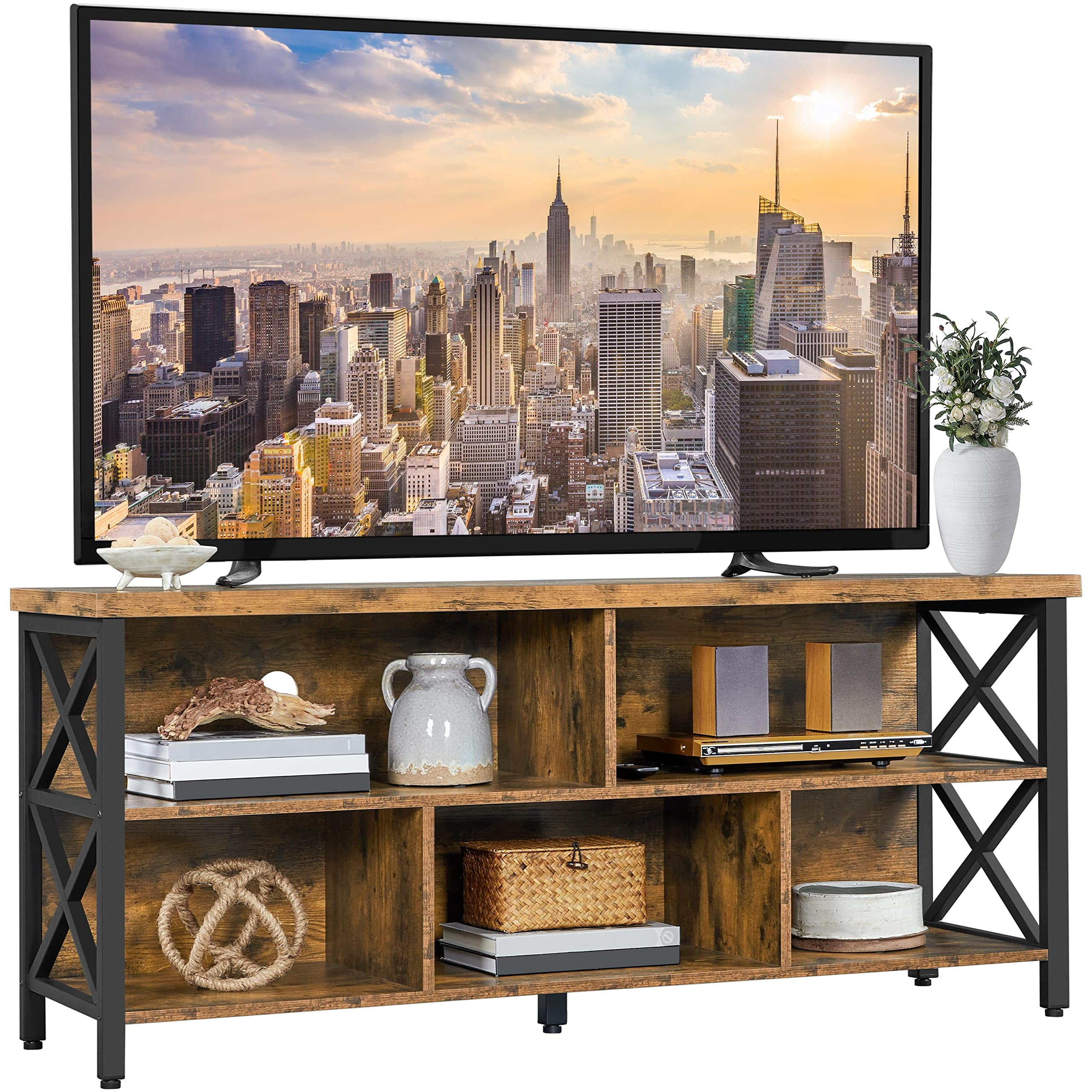 Rustic Brown TV Stand Industrial Style, 65 Inch Living Room Entertainment Center with Wood Metal ...