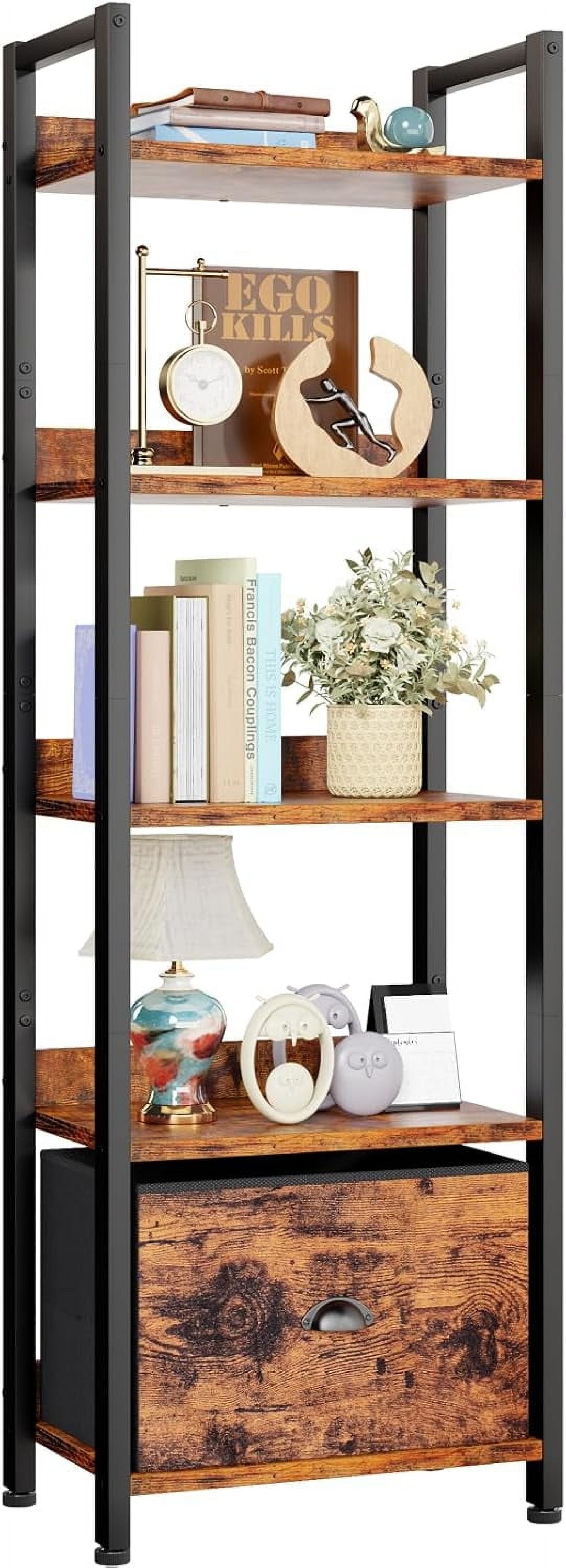 Rustic Brown Tall Narrow Bookcase - 5 Tier Metal & Wood Bookshelf ...
