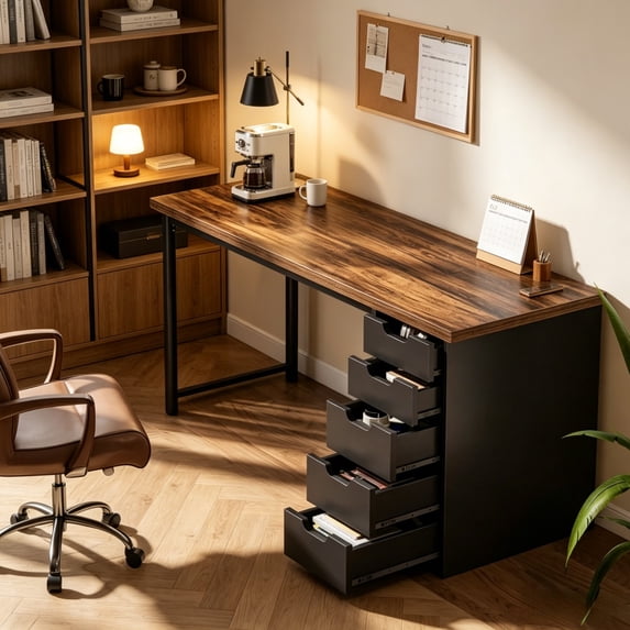 Rustic Brown & White Modern Computer Desk with 5 Storage Drawers, 47.24 ...