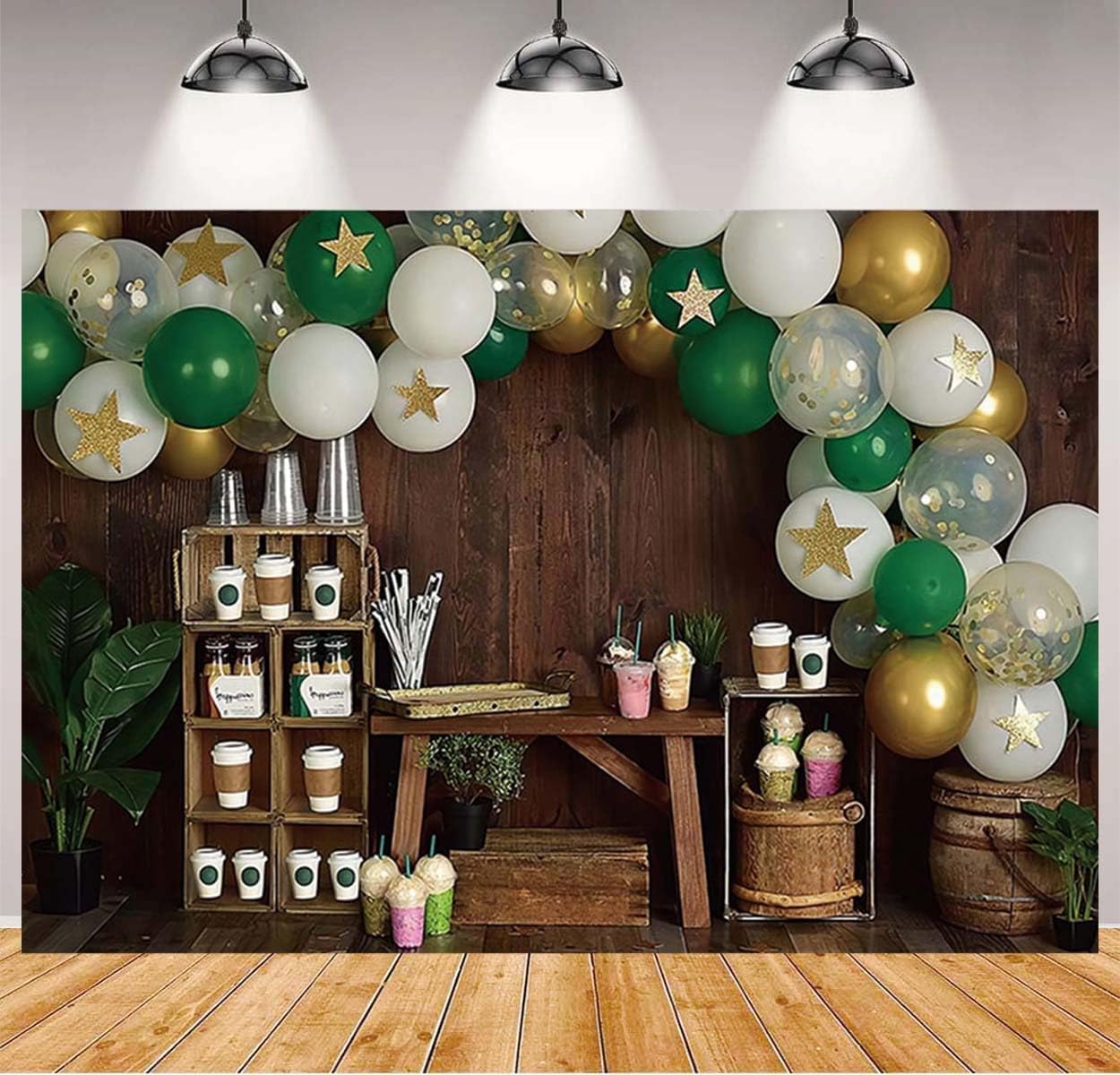 Rustic Brown Wood Coffee Shop Backdrop Balloons Coffee Ice Cream Party ...