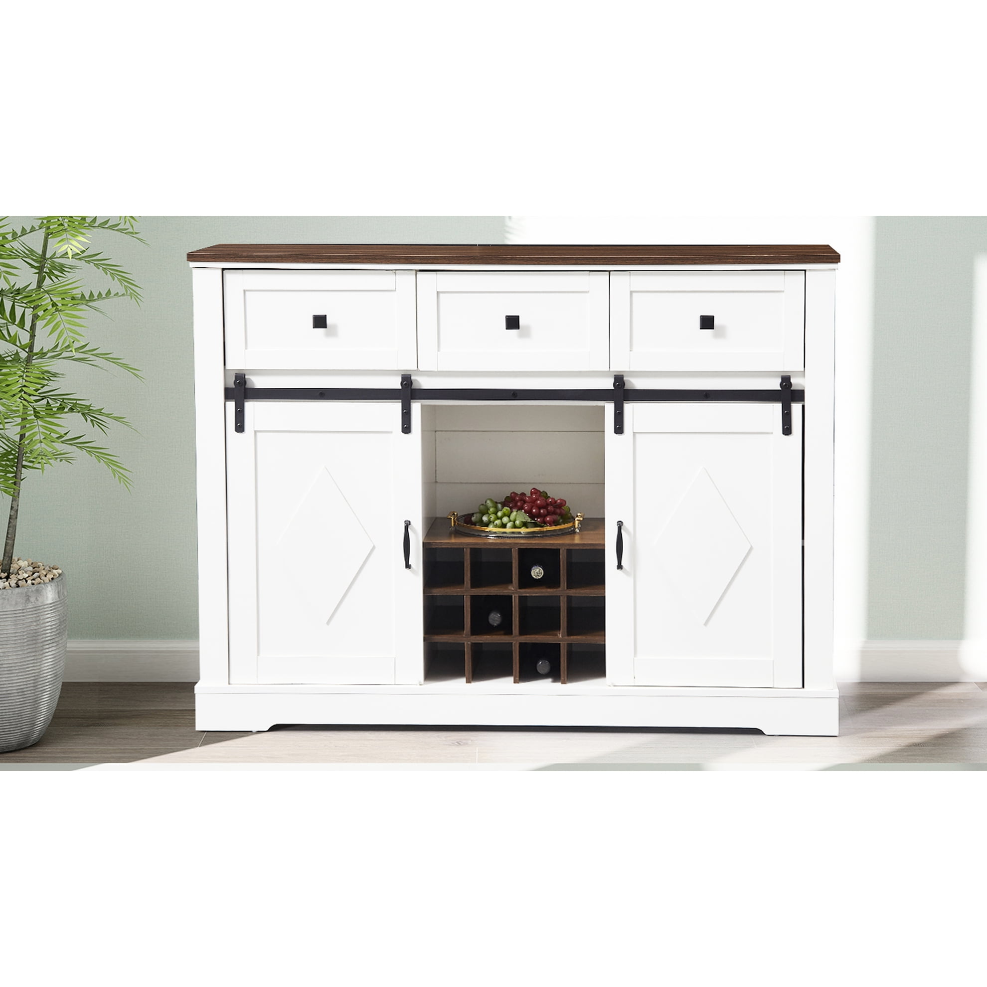 Rustic Buffet Sideboard Cabinet - 3 Drawers, 2 Doors, 12 Wine Rack ...