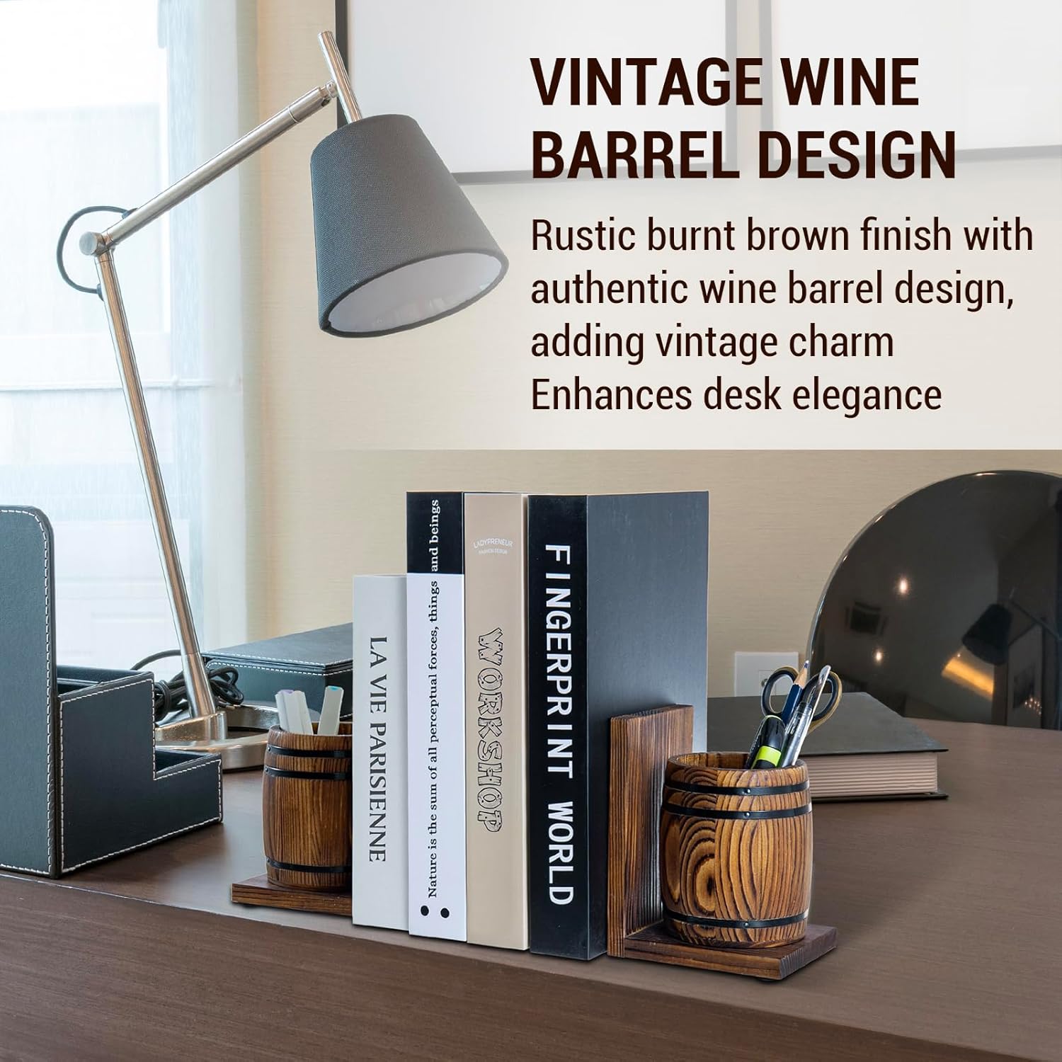 Rustic Burnt Brown Solid Wood Pencil Cup Bookends with Wine Barrel ...