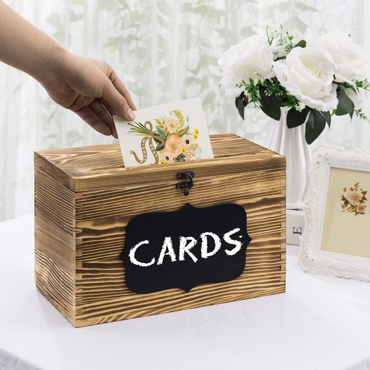 Rustic Burnt Brown Wood Wedding Card Box with Slotted Lid, Latch ...