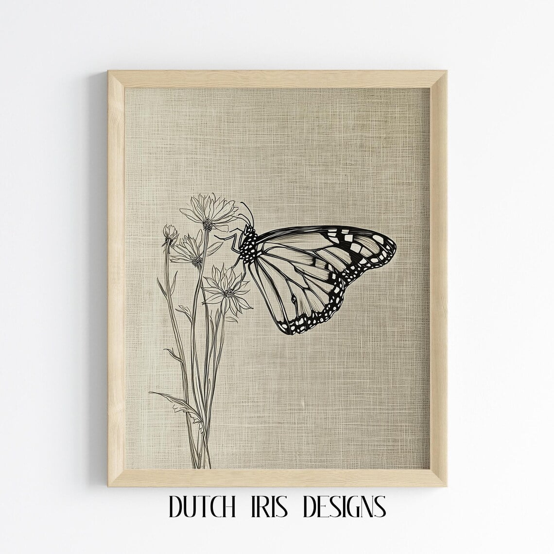 Rustic Butterfly Pencil Sketch, Monarch On Flowers, Earthy Cottagecore ...