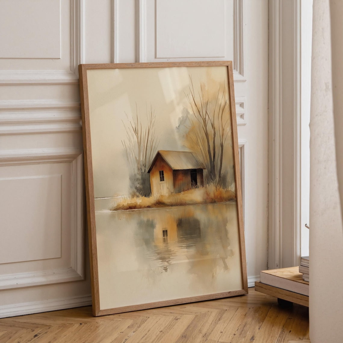 Rustic Cabin Autumn Lake House Cozy Cottage Landscape Warm Neutral ...