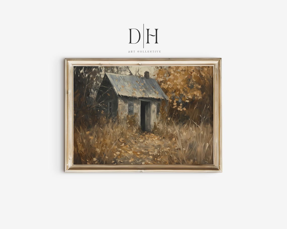 Rustic Cabin Autumn Landscape Art: Vintage Cottage Poster, Unframed ...