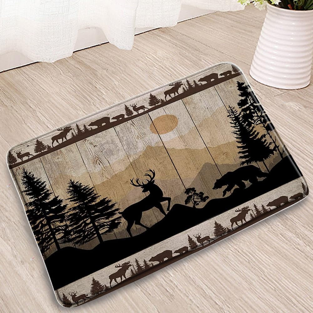Rustic Cabin Bath Mat Bear Deer Forest Wild Animal Farmhouse Lodge ...