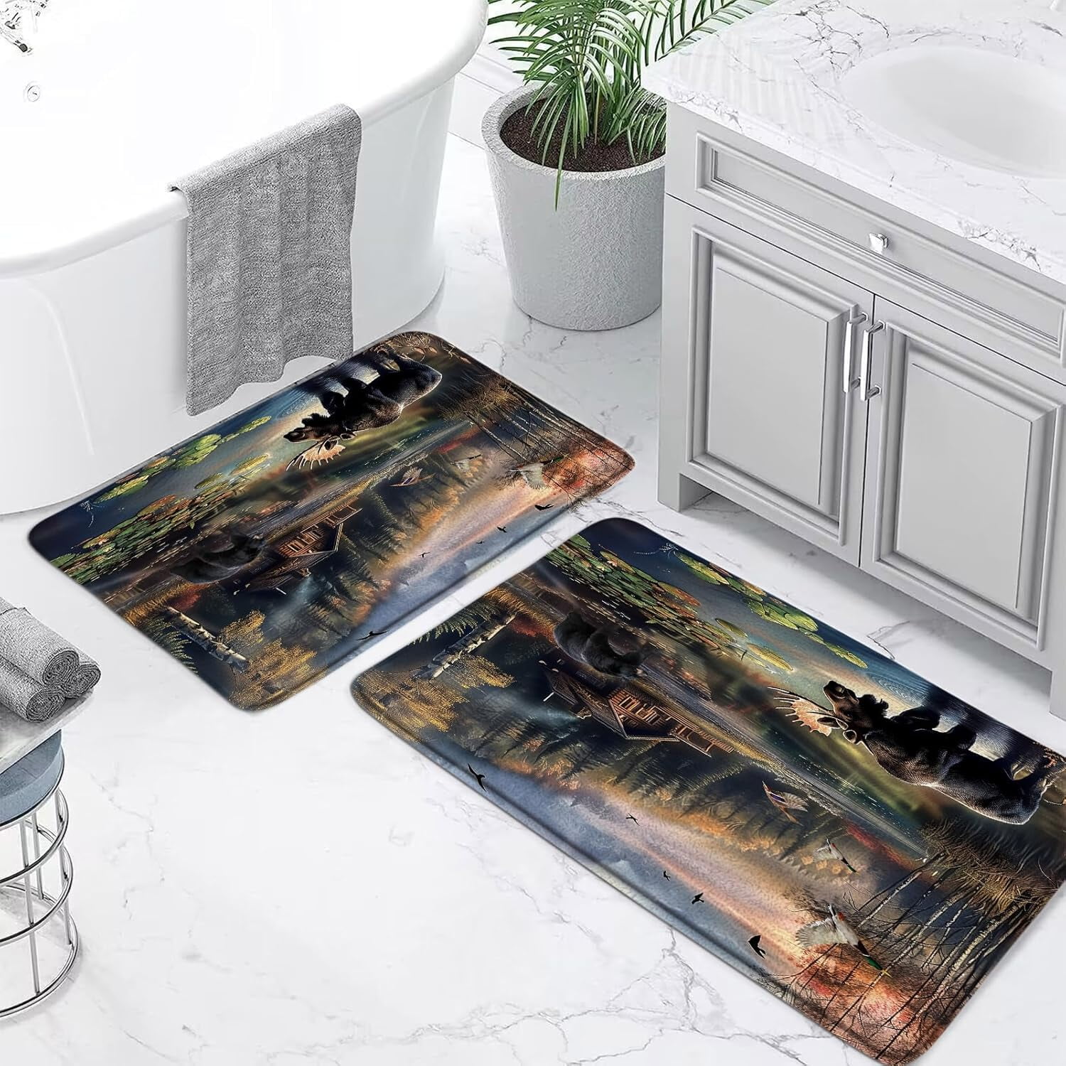 Rustic Cabin Bath Mat Forest Wildlife Bear Deer Moose Lake Tree Animal ...