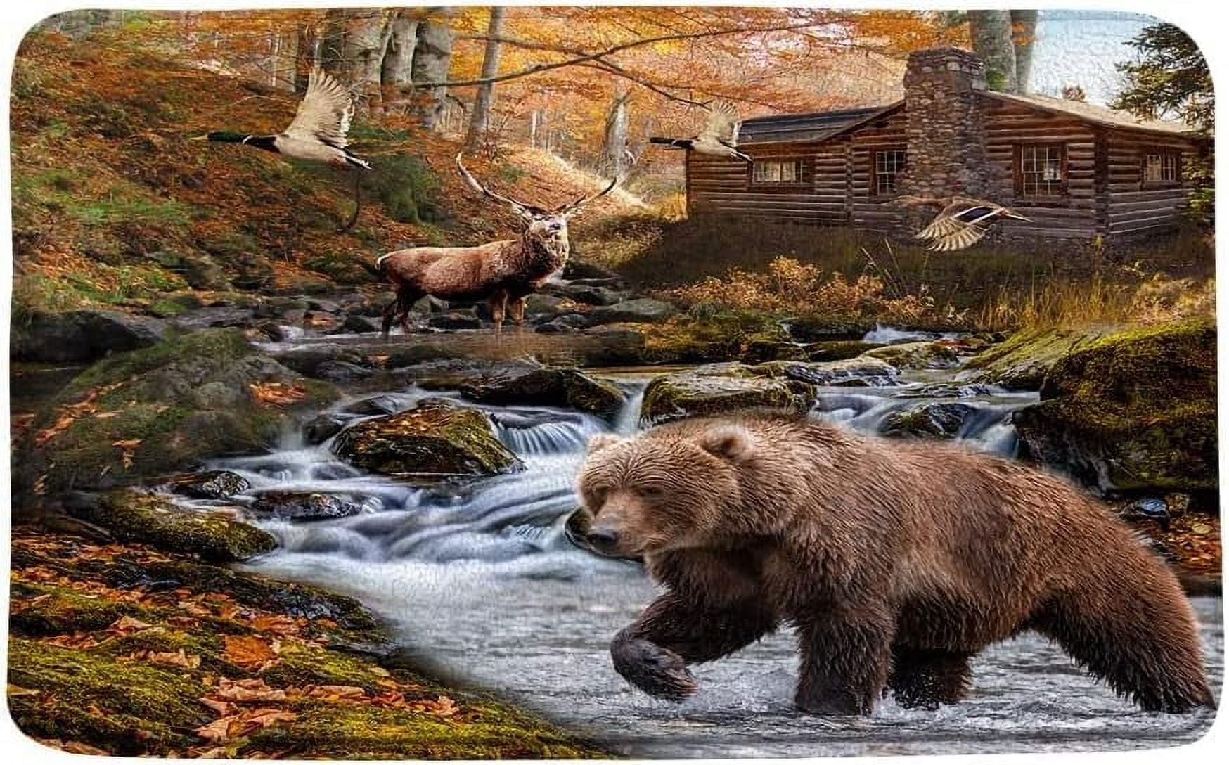 Rustic Cabin Bath Mat Vintage Bear Deer Elk Country Lake Wild Duck ...