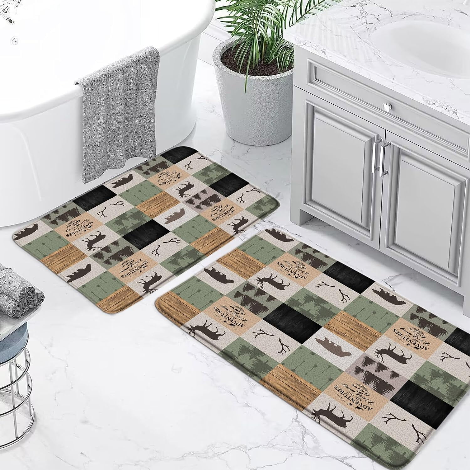 Rustic Cabin Bath Mat Wildlife Bear Moose Tree Forest Vintage Wooden ...