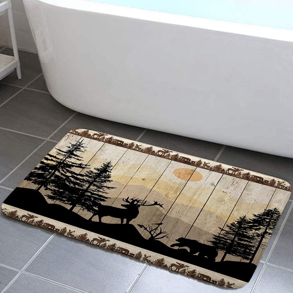 Rustic Cabin Bath Rugs for Bathroom, Cute Bear Deer Forest Print on ...