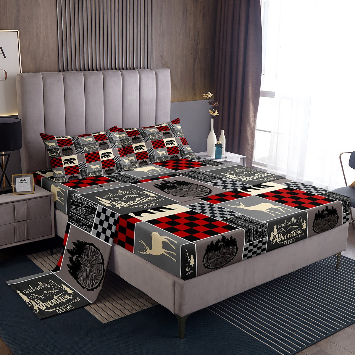 Rustic Cabin Bear Deer Bed Sheets Set, Retro Wooden Barn Door Sheets ...