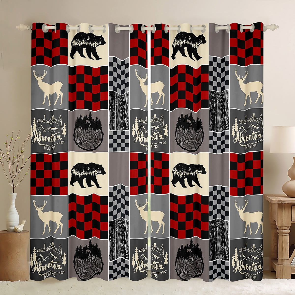 Rustic Cabin Bear Deer Curtains, Retro Wooden Barn Door Blackout ...