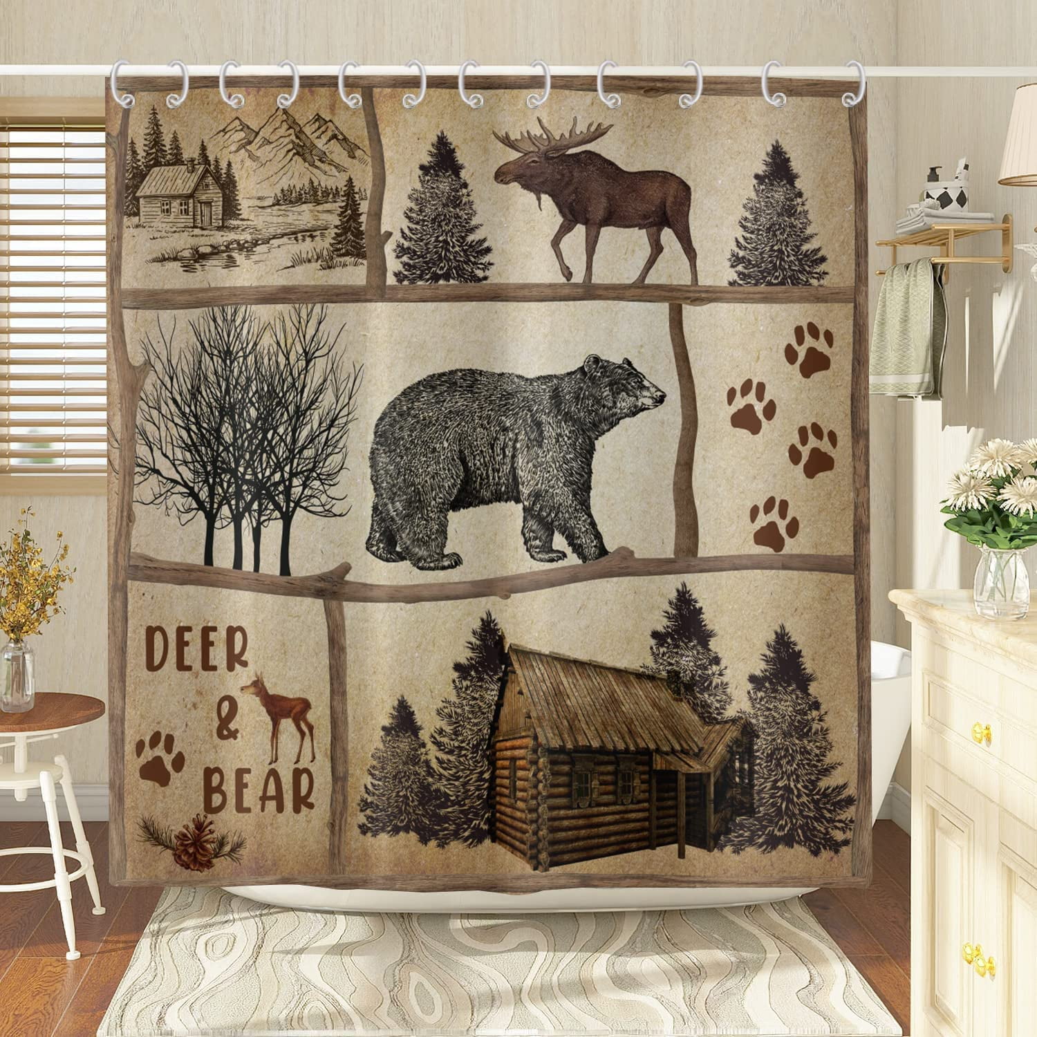 Rustic Cabin Bear Shower Curtain, Country Brown Lodge Bear Moose Deer ...