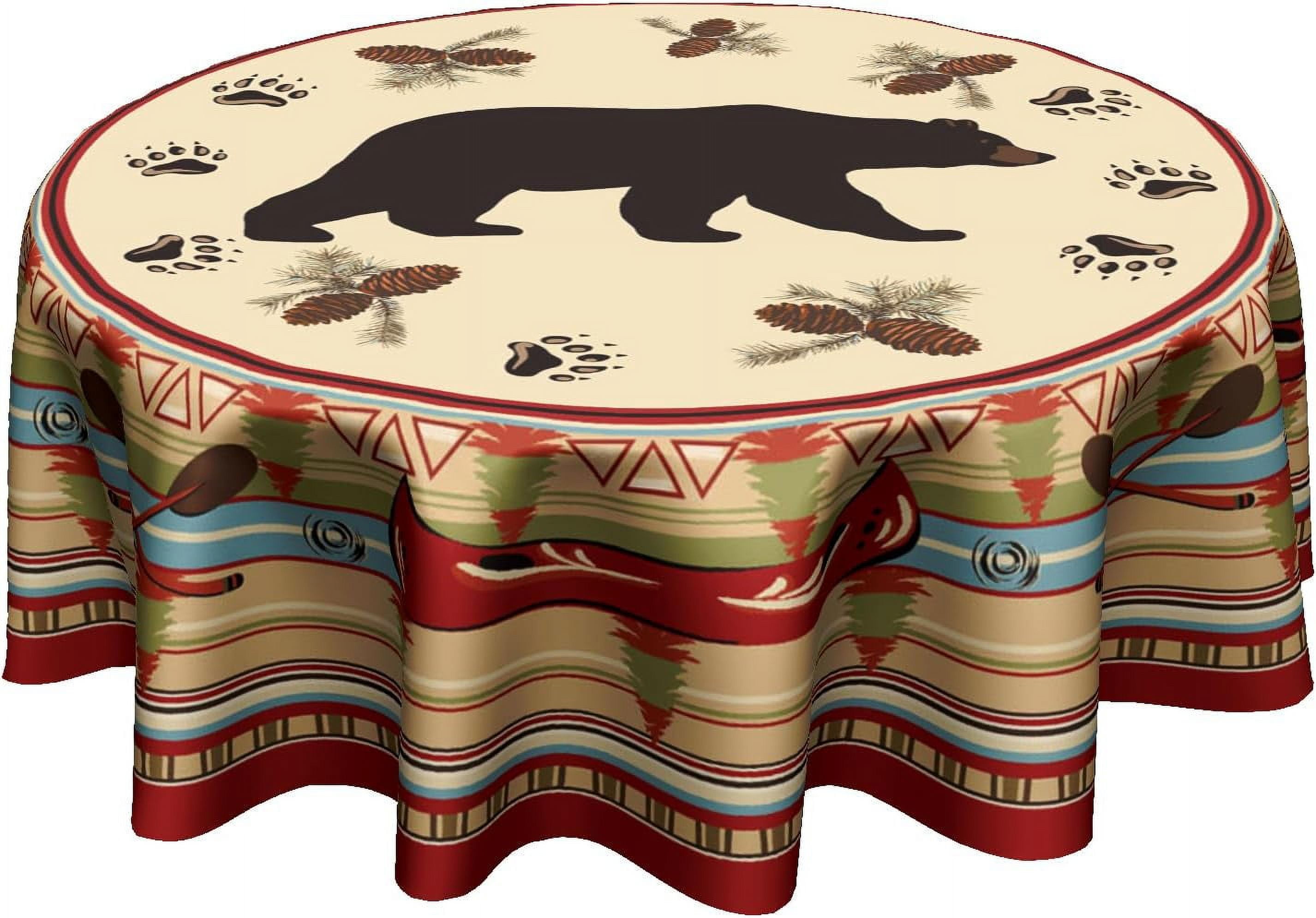 Rustic Cabin Bear Tablecloth Round - Vintage Lodge Bear Table Cloth 60 ...