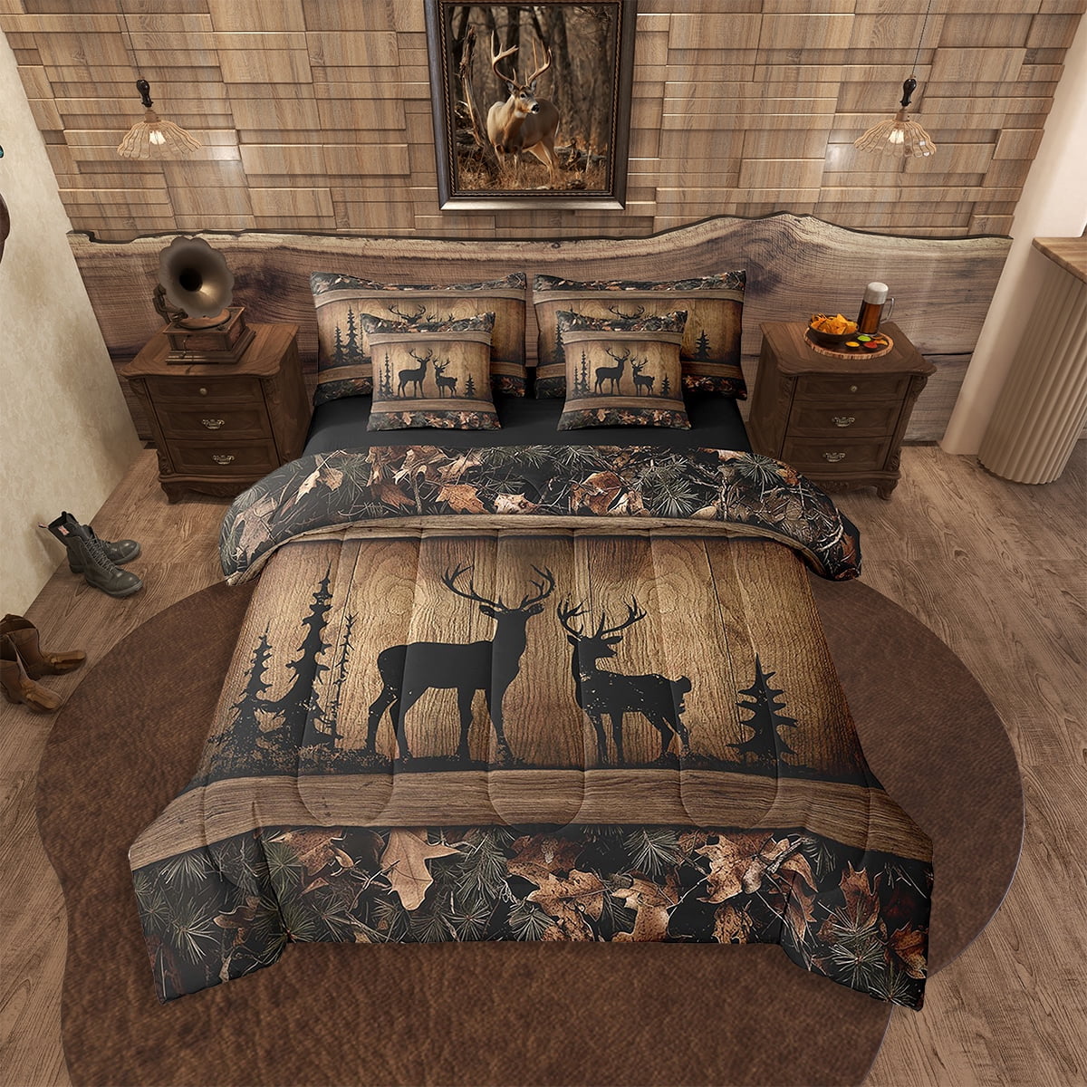 Rustic Cabin Bedding Sets 7 Piece Camo Hunting Deer Comforter Set Queen Farmhouse Woodland ...