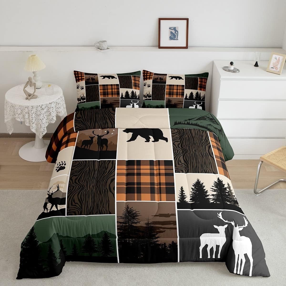 Queen Rustic Cabin Comforter Set, Bear Deer Moose Quilt, 3 Pcs, Grey ...