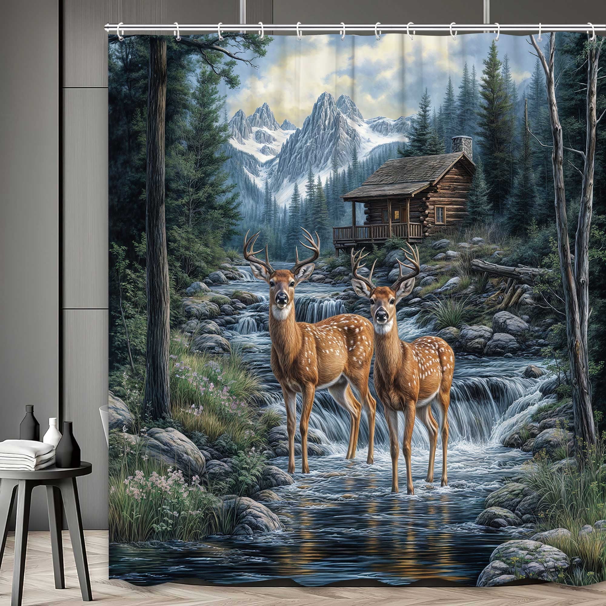 Rustic Cabin Deer Shower Curtain, Hunting Camo Country Deer Forest ...