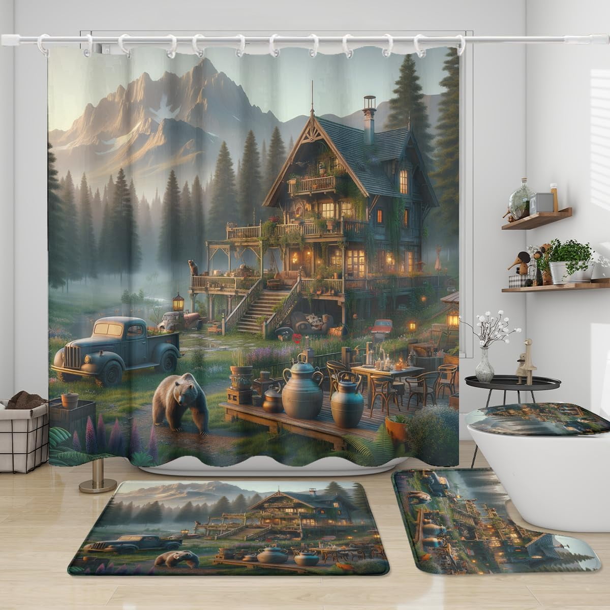 Rustic Cabin Farmhouse Bear Shower Curtain Sets 4 Piece,Steampunk ...