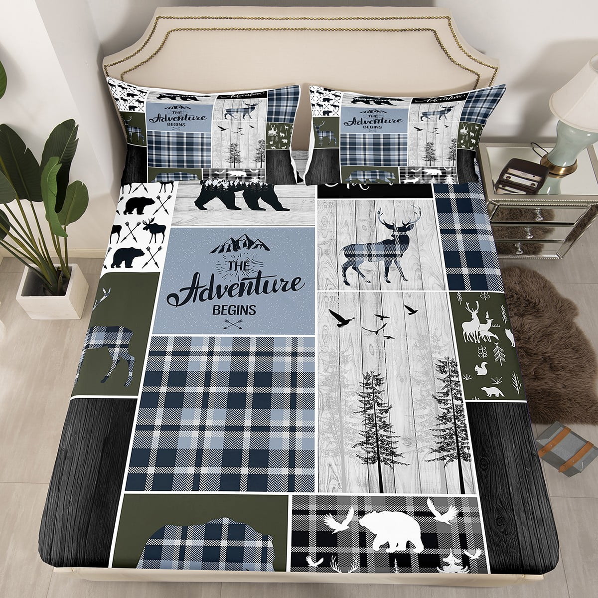 Rustic Cabin Fitted Sheet Bedroom, Bear Deer Bedding Set Full Size ...