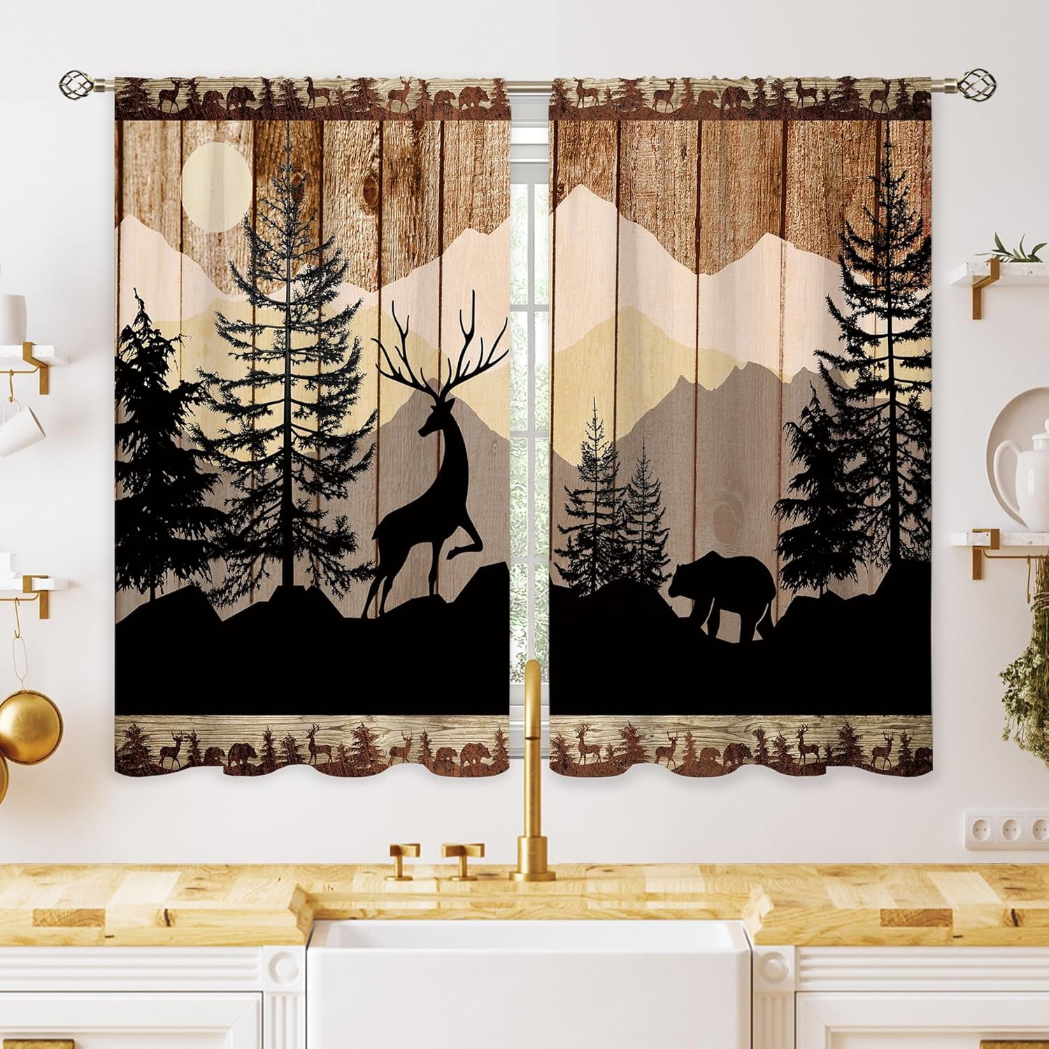 Rustic Cabin Forest Small Kitchen Curtains Woodland Farmhouse Brown ...