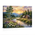 Rustic Cabin In Mountain River Valley Wildflower Sunset Landscape For ...