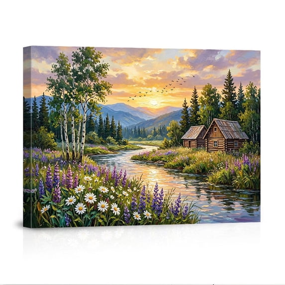 Rustic Cabin In Mountain River Valley Wildflower Sunset Landscape For ...